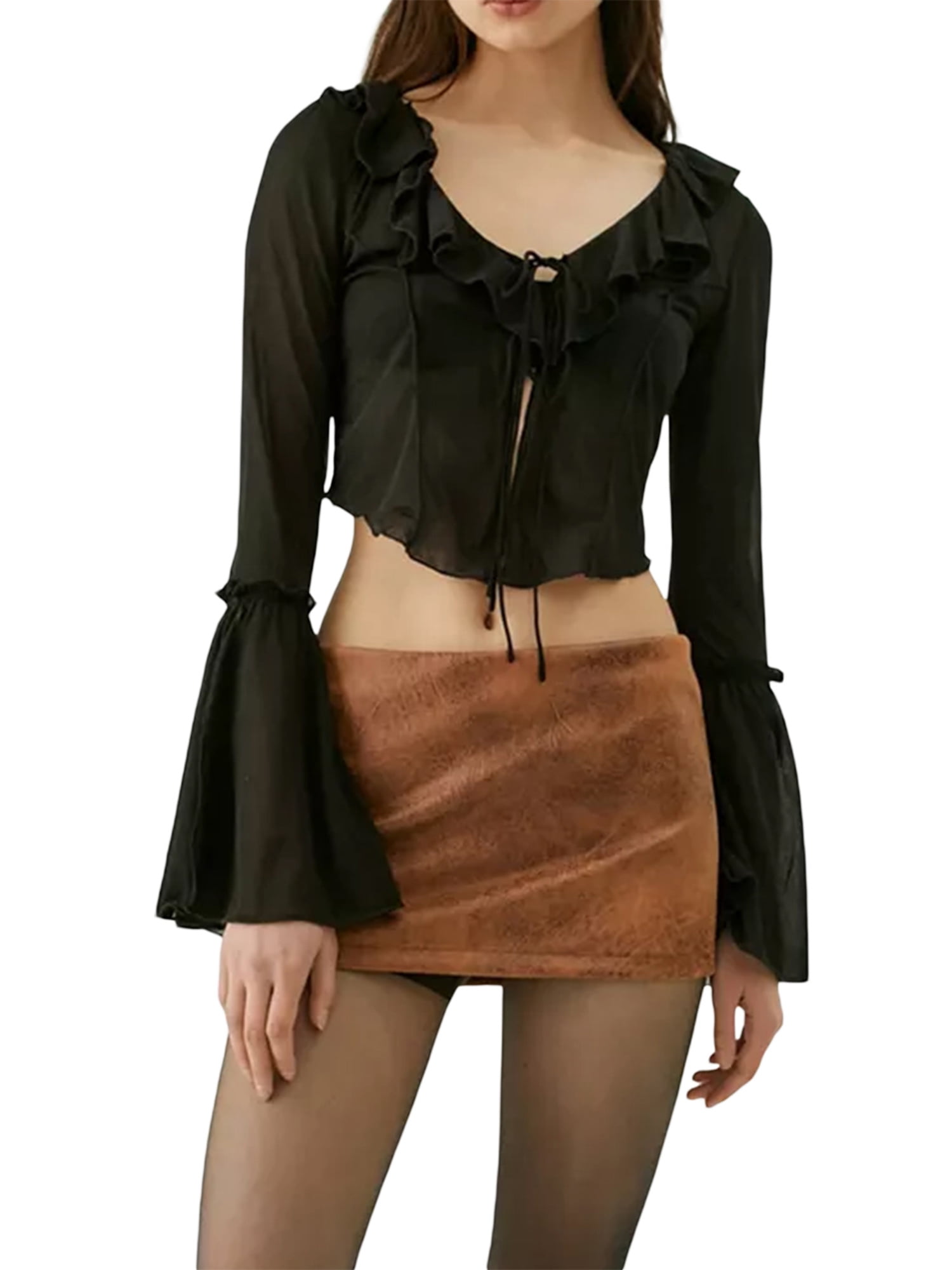 Youweixiong Womens Long Bell Sleeve V Neck Tie Front Ruffle Blouse