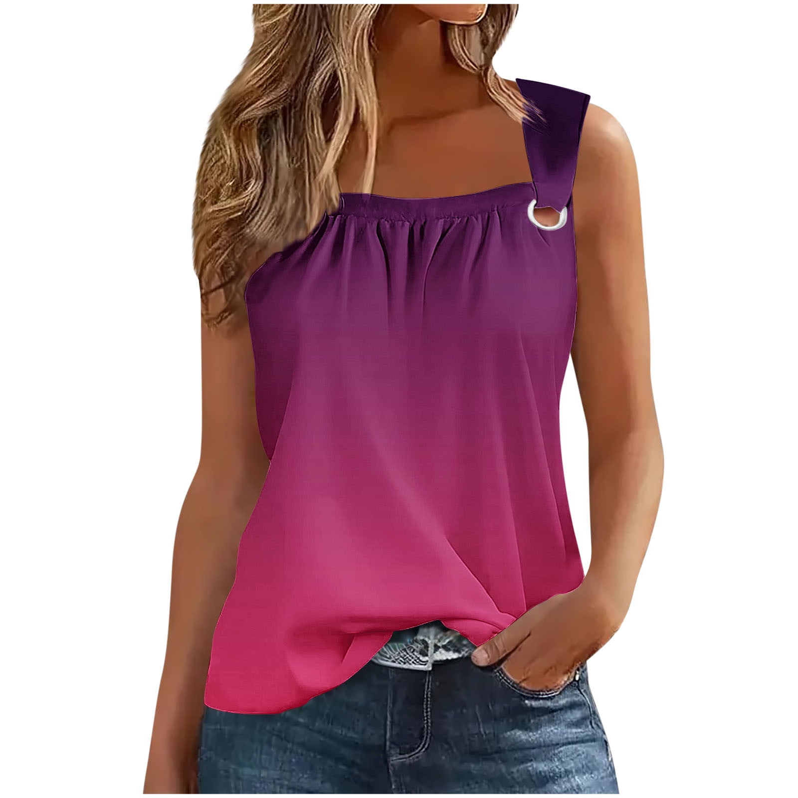 Youyipin Womens Tops Summer Tank Tops For Women Pleated Square Neck O ...