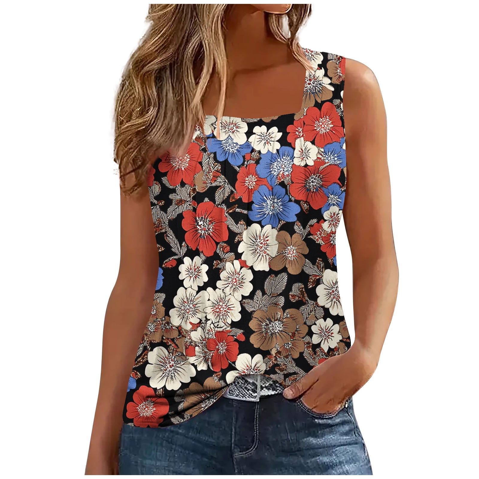 Youyipin Womens Tops Women'S Floral Print Round Neck Sleeveless Tank ...