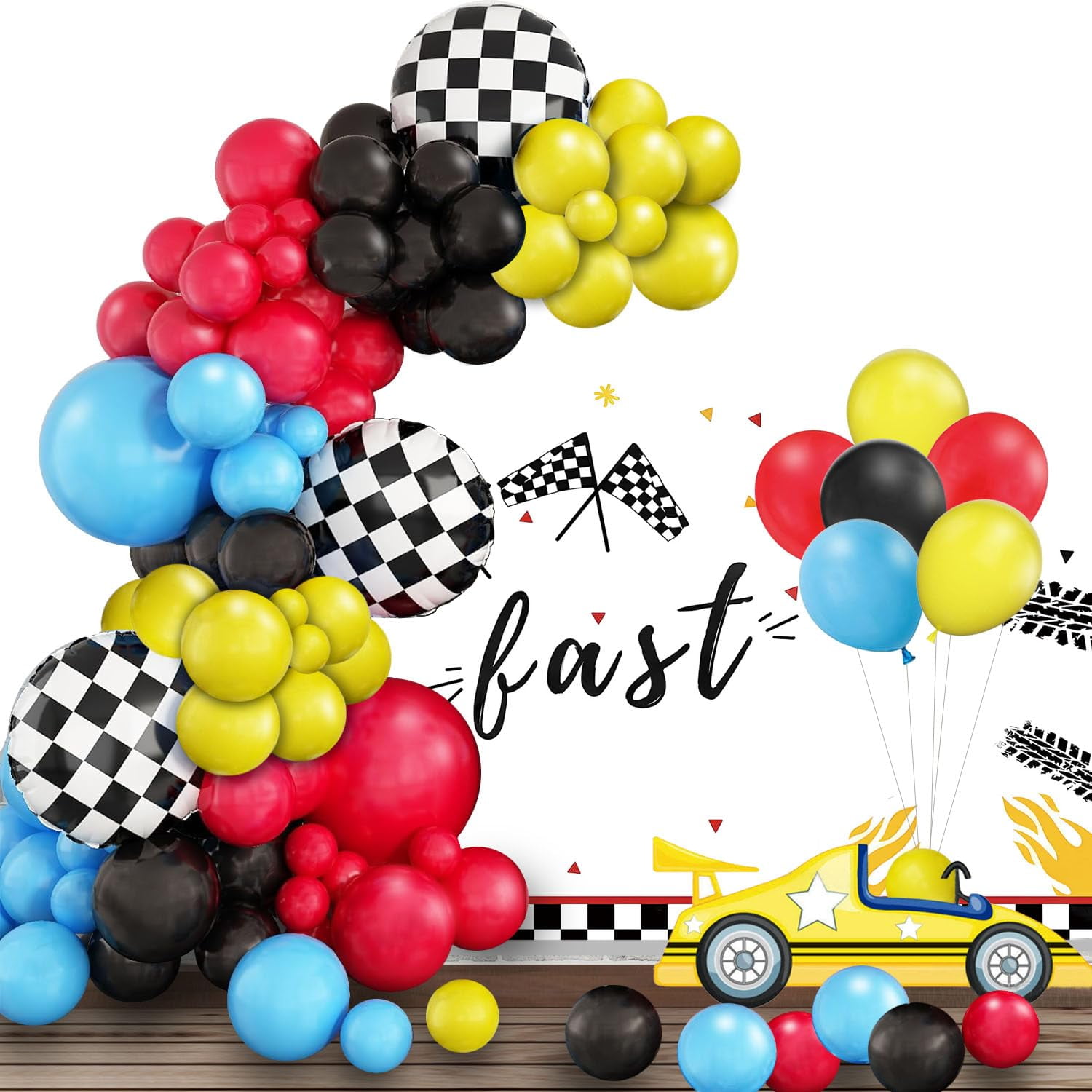 Yowasai Race Car FEV6 Balloons Arch Garland Kit, Red Yellow Blue Black ...