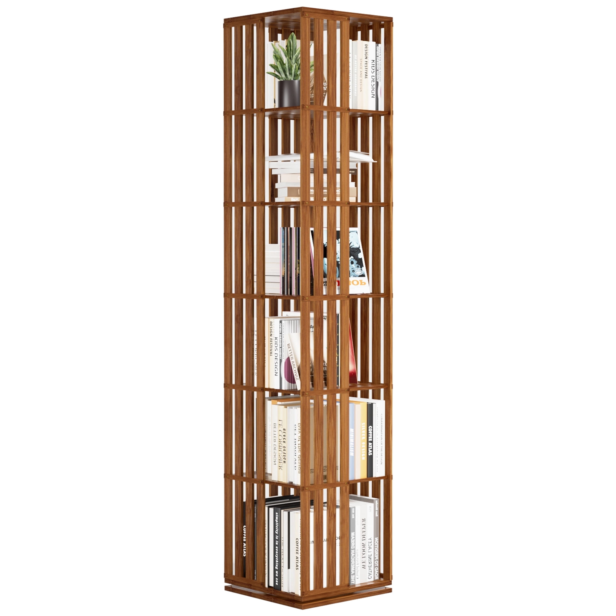 YOWOS Bamboo 6-Tier Rotating Bookcase with Hollow Design, 360-Degree ...