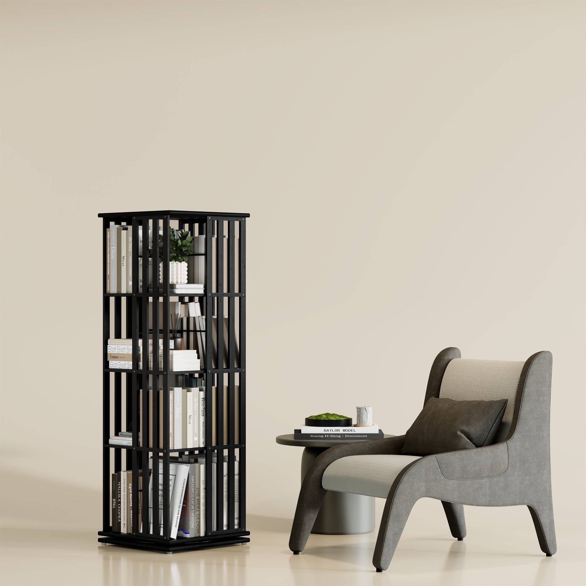 Yowos Bookcase, 4 Tier Rotating Bamboo Bookshelf 360° Spinning, Black ...