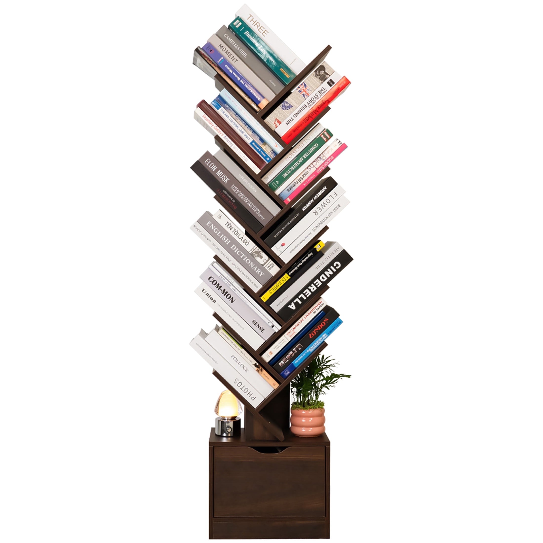 Yowos Vertical Tree-Shaped Bookcase with Storage Cabinet, 12-Tier ...