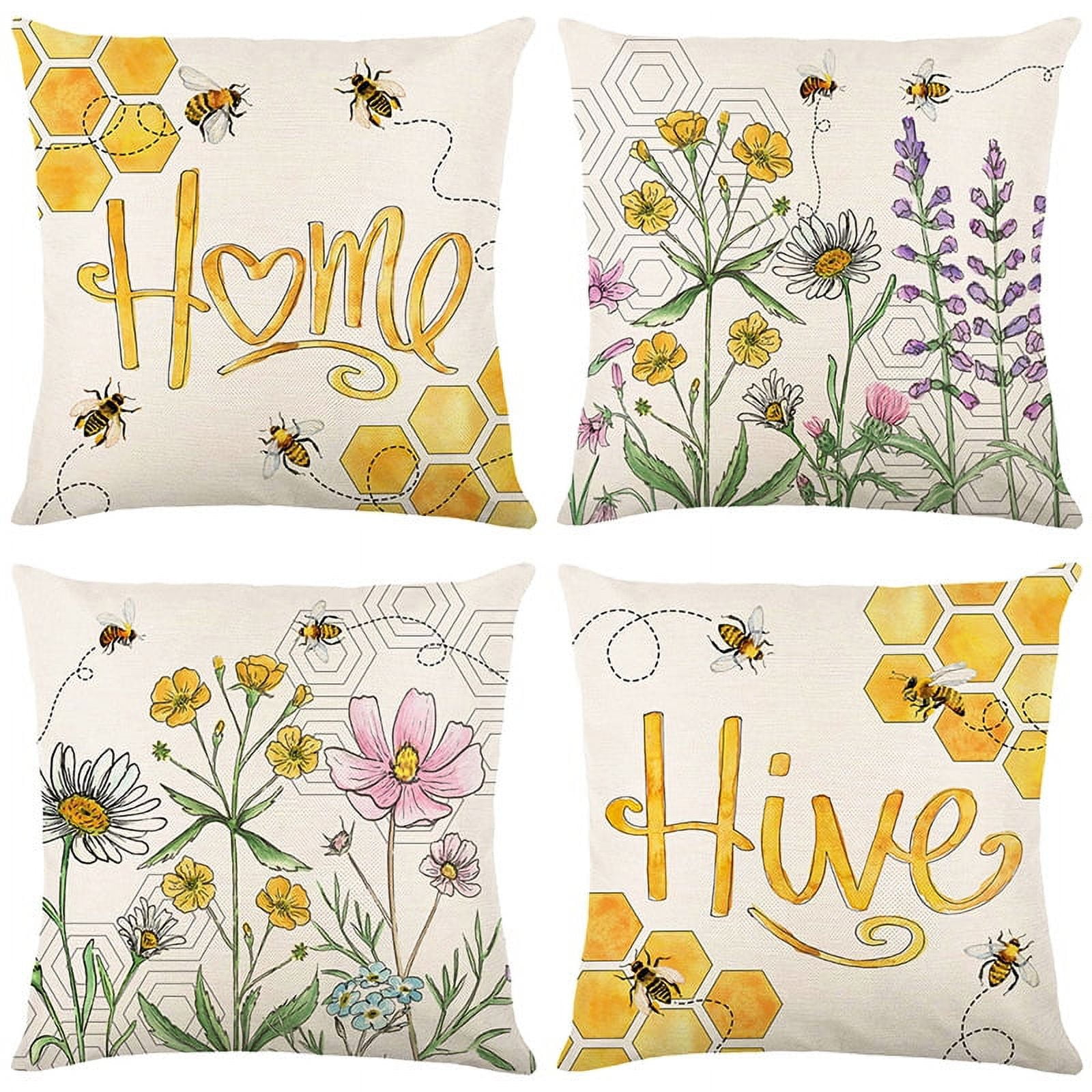 Yoyauz 18"x18" Inch Bee Day Hug Printed Pillow Botanical Flower Cushion ...