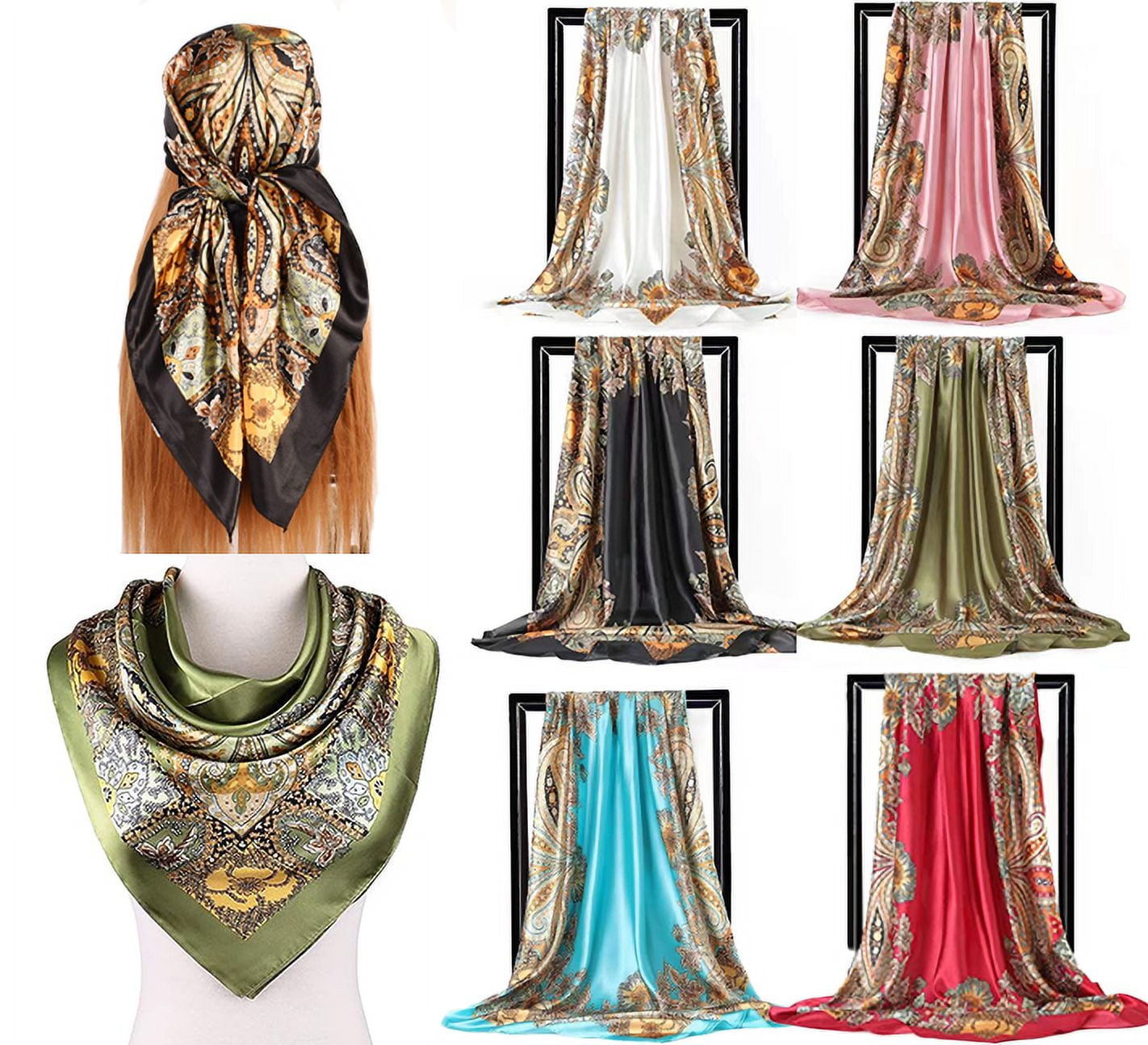 Yoyauz 35" Large Square Satin Head Scarf - Silk Hair Scarf Square Hair ...