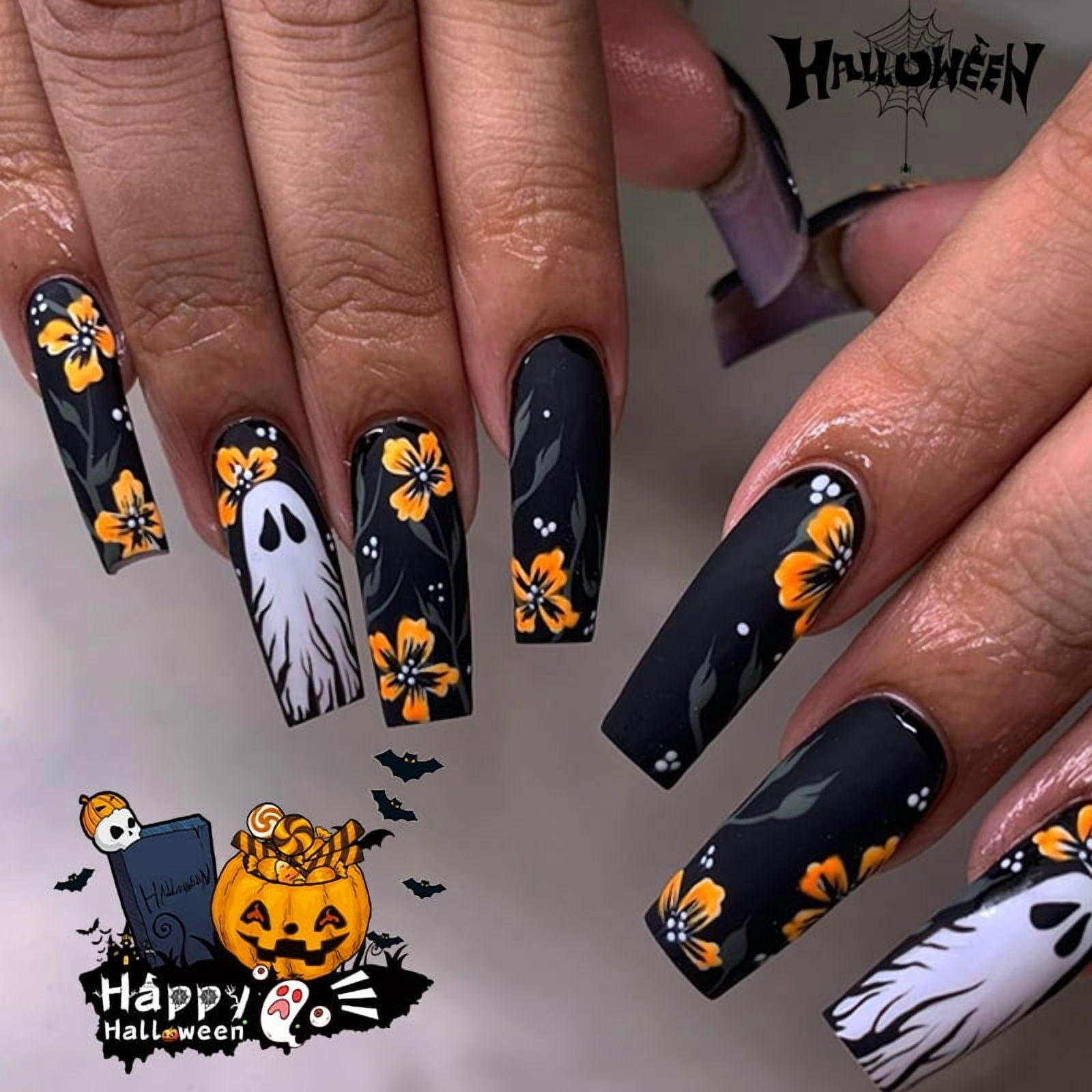 Yoyauz Coffin Pressed Nails Fake French Nails Full Coverage Acrylic ...
