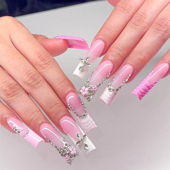 Yoyauz Coffin Pressed Nails Fake French Nails Full Coverage Acrylic ...