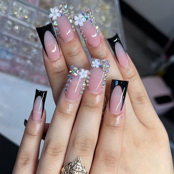 Yoyauz Coffin Pressed Nails Fake French Nails Full Coverage Acrylic ...