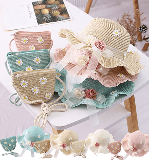 Yoyauz Girls Straw Hat and Purse Set Tea Party Summer Beach Sunflower ...