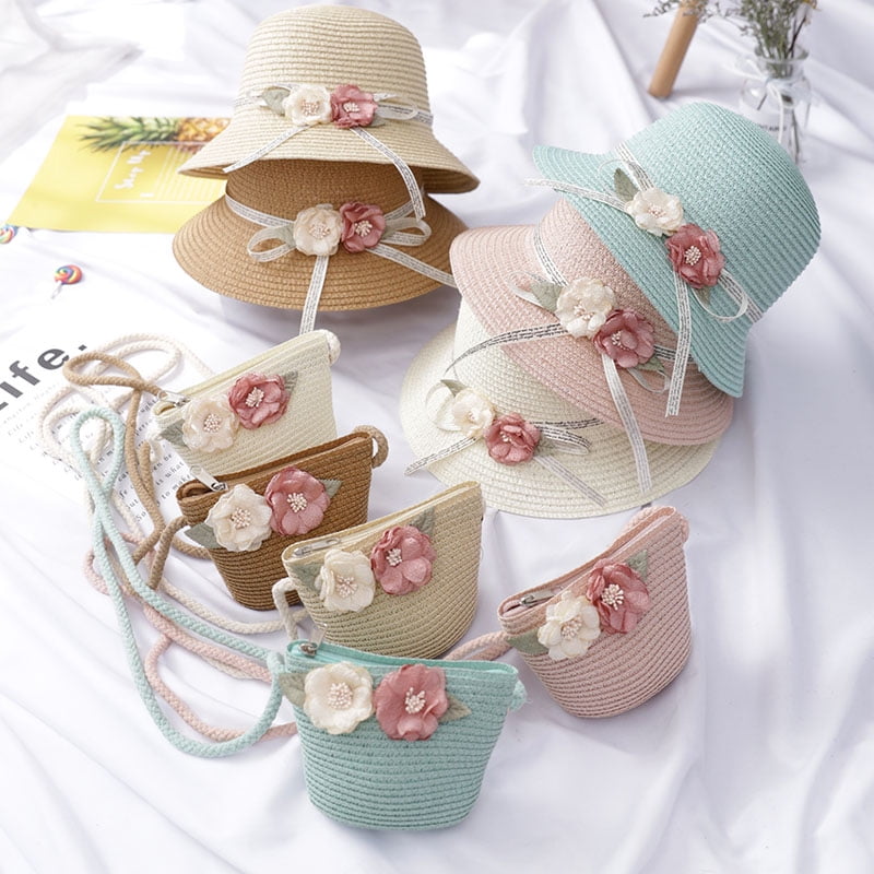 Yoyauz Girls' Summer Hat Bag Set With Wide Brim Hat Sun Beach Hat Strap ...