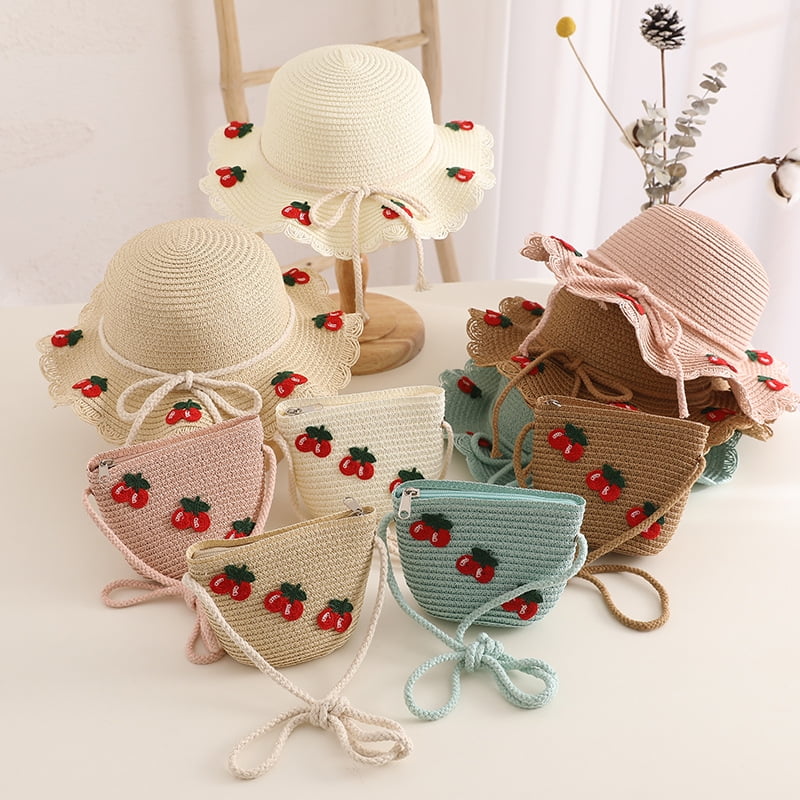 Yoyauz Little Girl Straw Hat Mini Bag Set, Summer UV Protection Soft ...