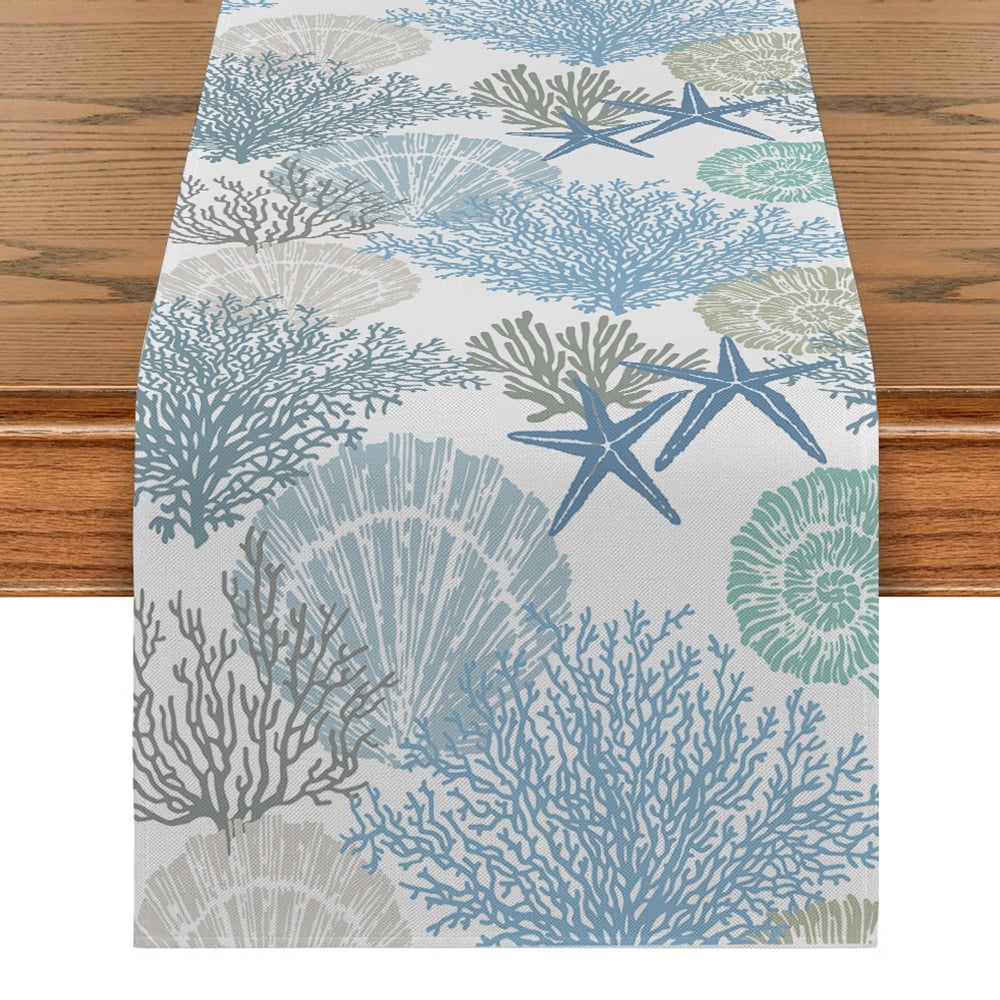 Yoyauz Table Runner 13"x72" Inch Coral Linen Table Runner Teal Ocean ...