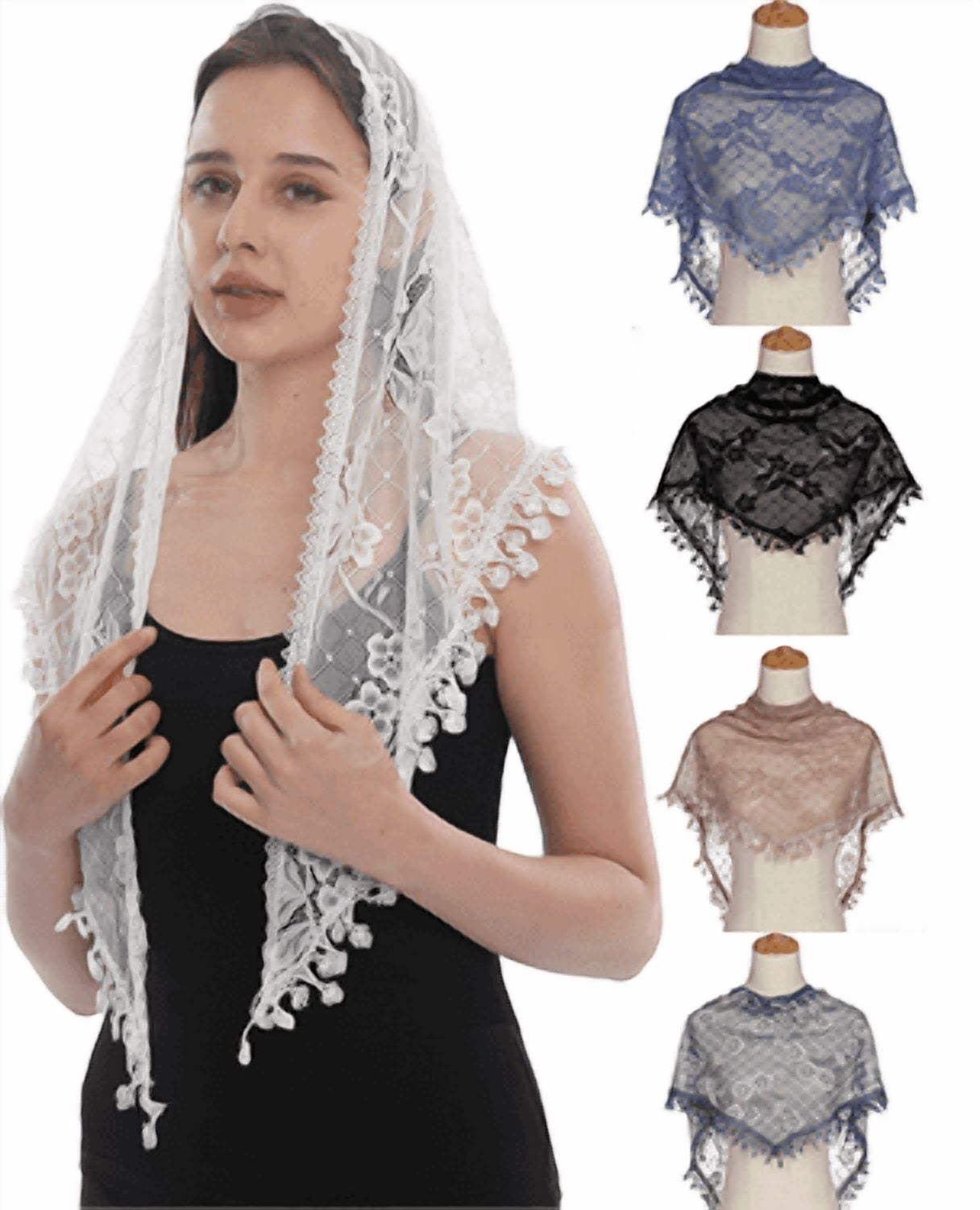 Yoyauz Triangle Lace Mantilla Veil Tulle Scarf Shawl Covering Church ...