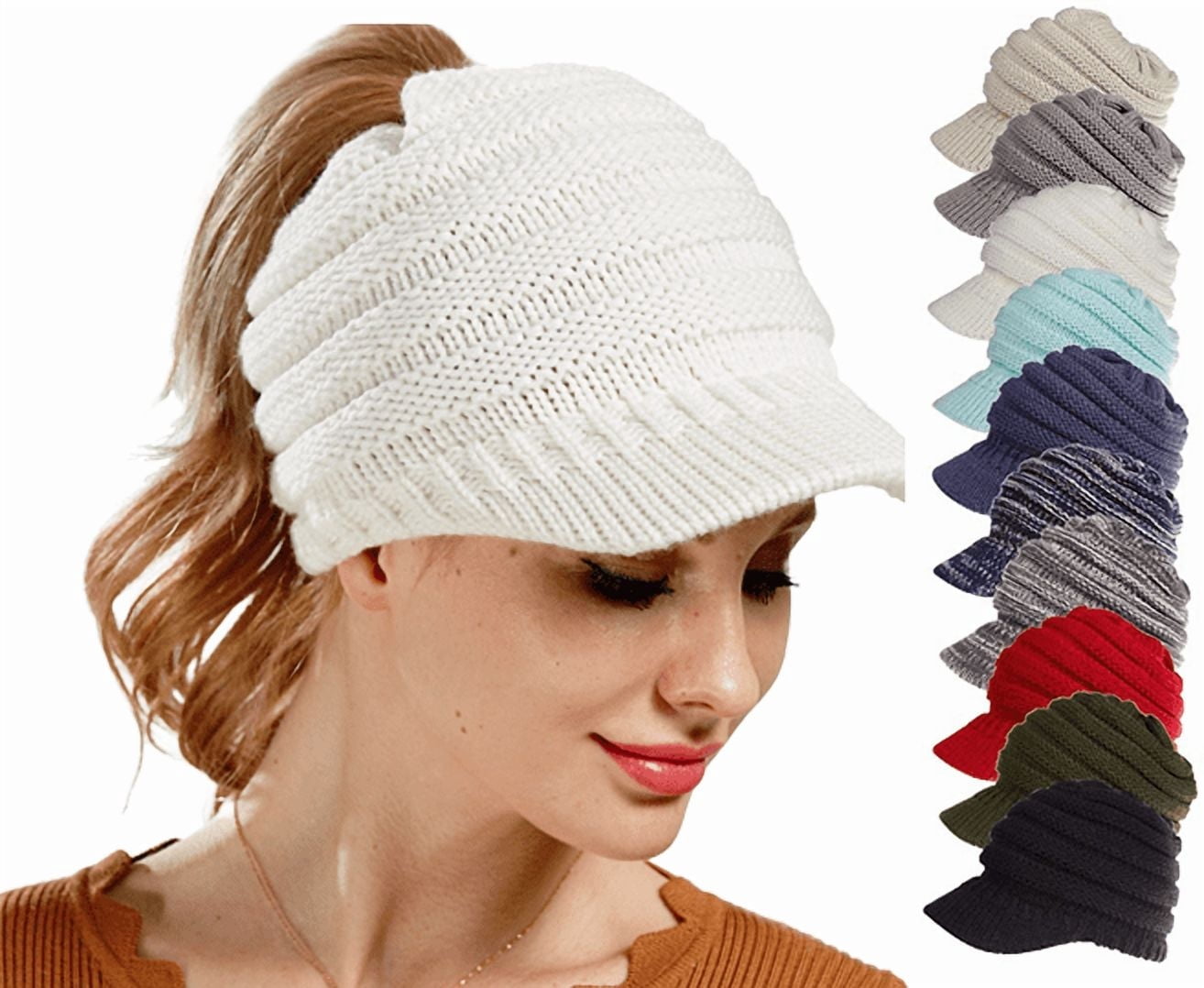 Yoyauz Women's Knitted Beanies High Bun Ponytail Skull Hat Elastic ...