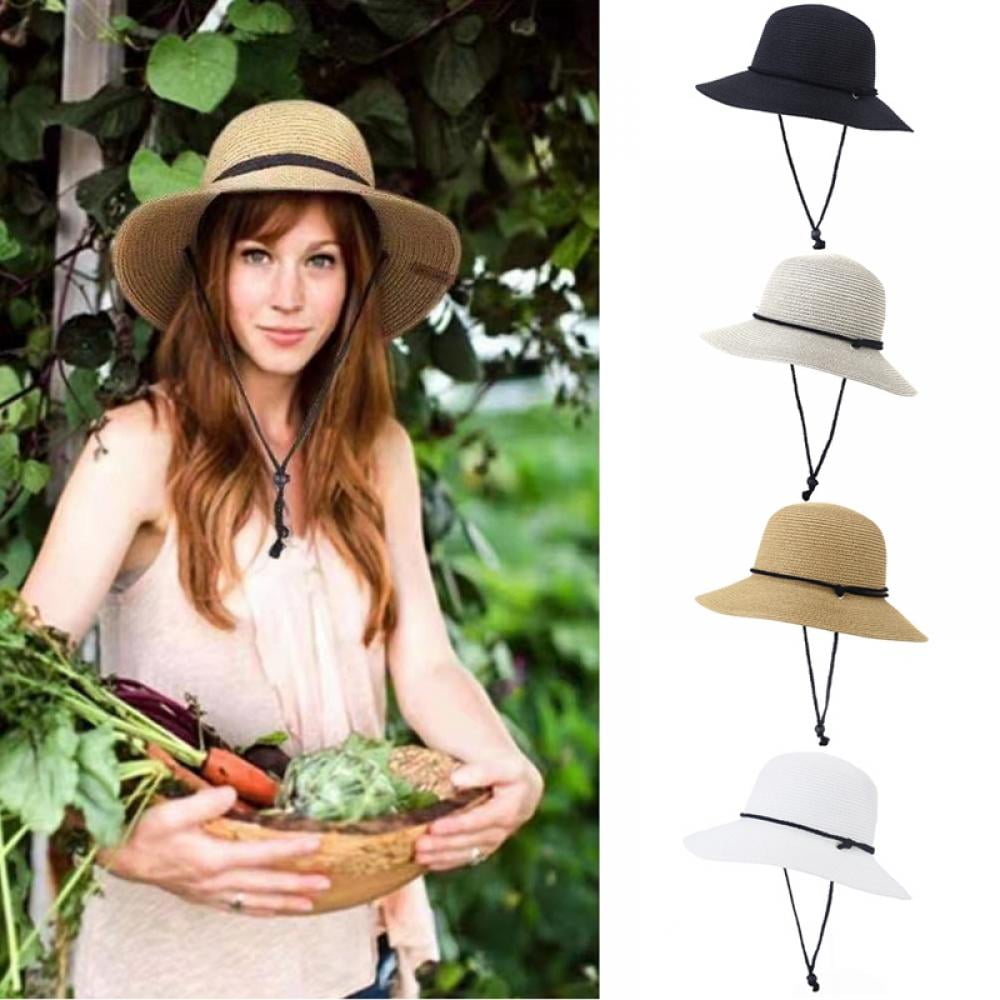 Yoyauz Womens Wide Brim Sun Hat with Wind Lanyard UPF Summer Straw Sun ...