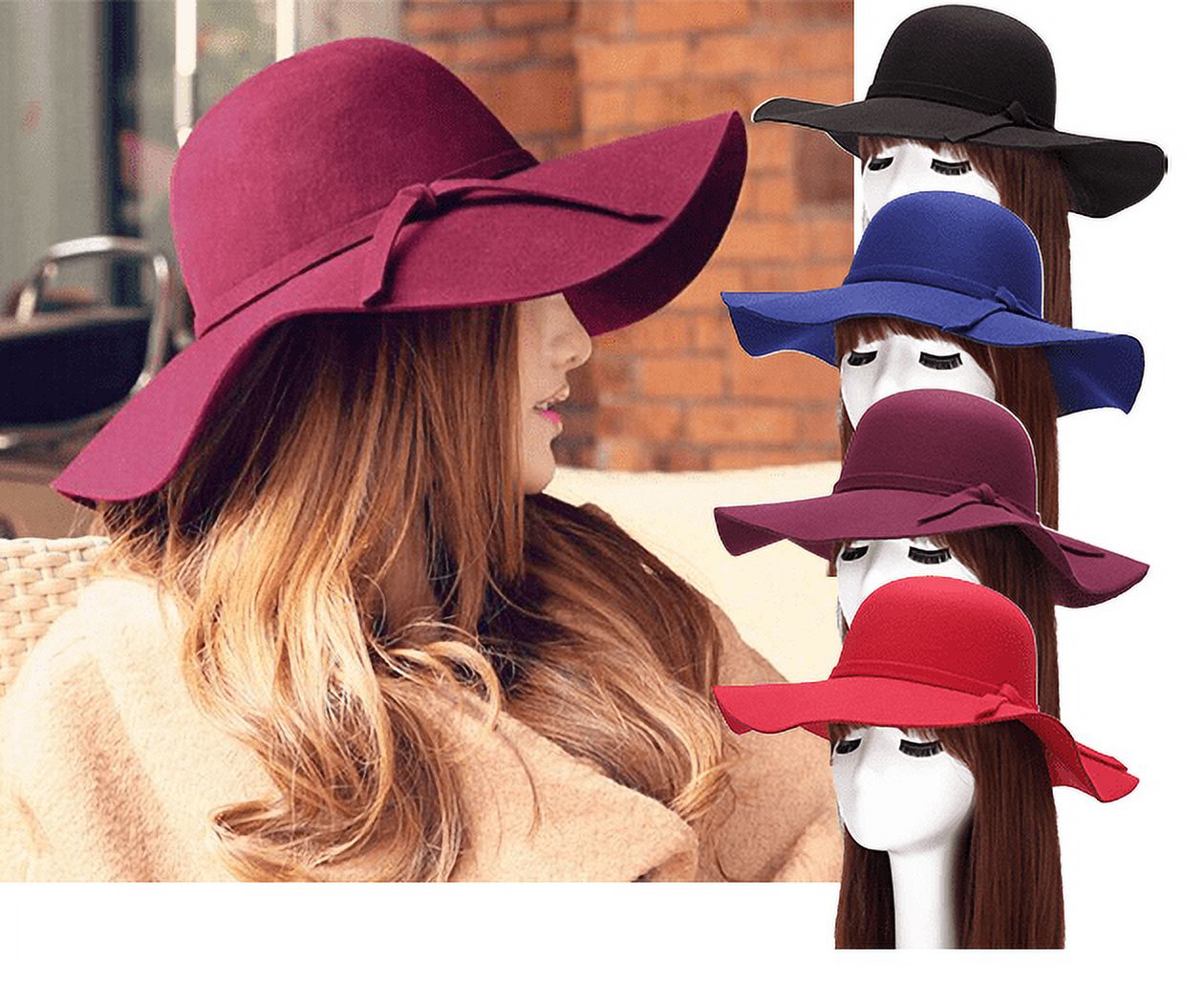 YoyauzWomen Ladies Wide Brim Floppy Warm Wool Blend Felt Hat Trilby ...