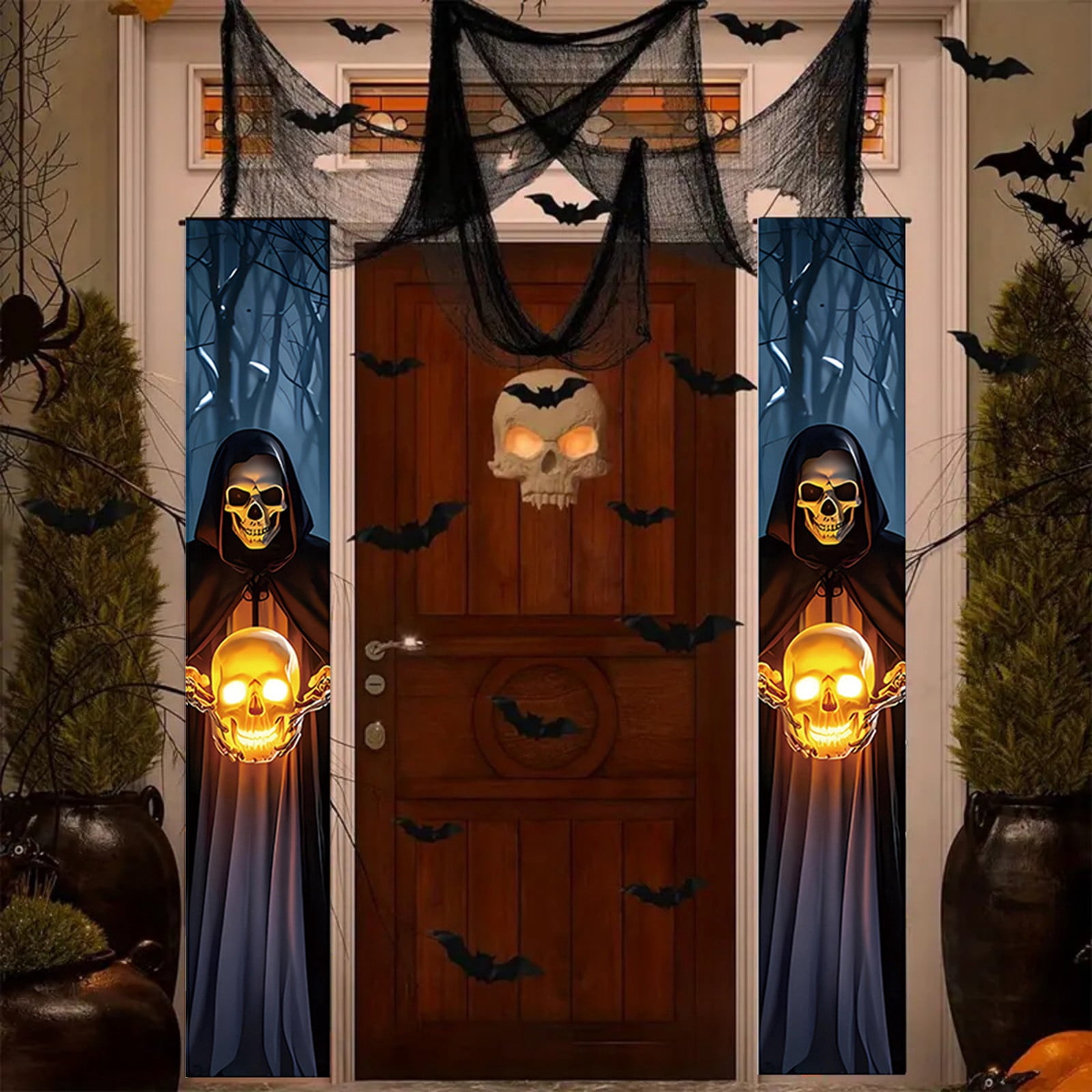 Yoziaaoa 1 Pcs Spooky Halloween Door Hanging with Pumpkin and Skeleton ...