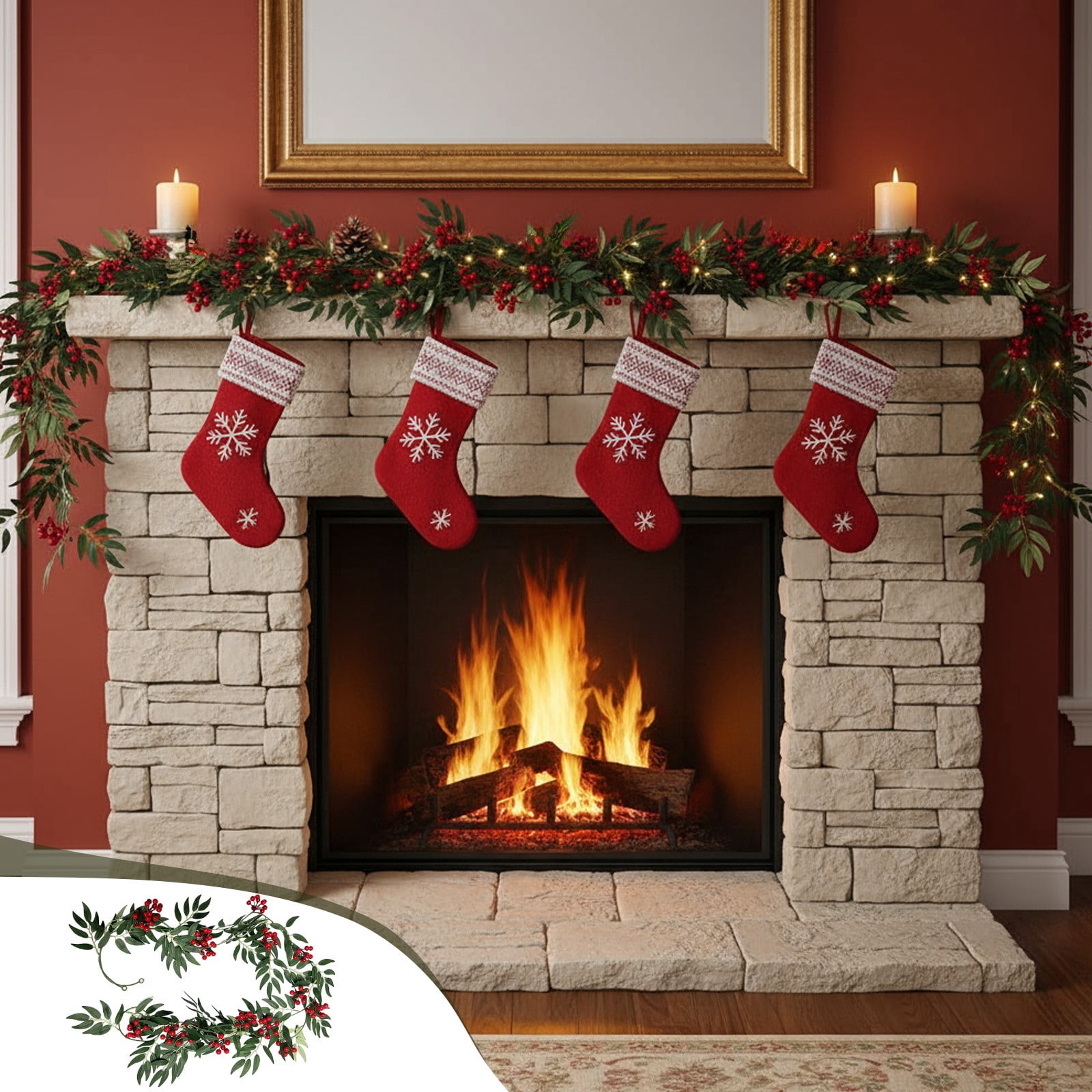 Yoziaaoa 4 Pcs Christmas Greenery Swag with Red Berries, Realistic Leaf ...