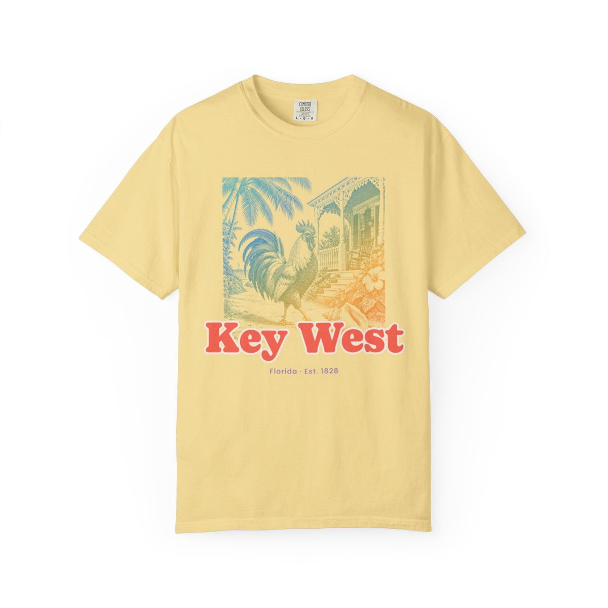 Yrill Key West Rooster Coral Red Lettering Comfort Colors 1717 Cotton T ...