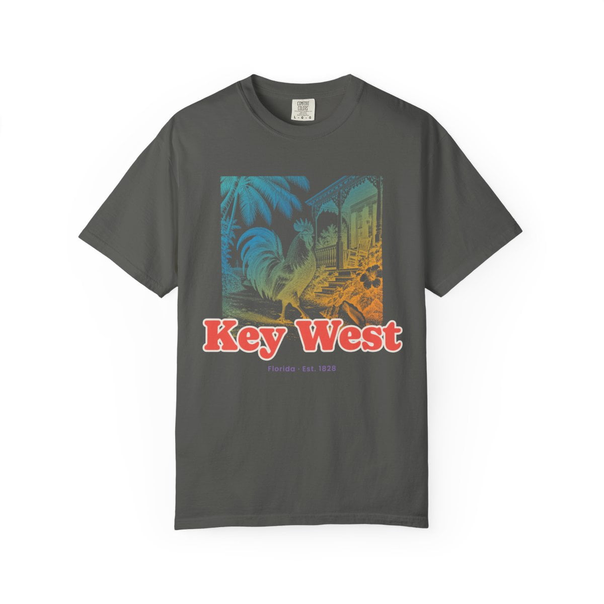 Yrill Key West Rooster Coral Red Lettering Comfort Colors 1717 Cotton T ...