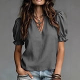 Yrmaups Loose Fit Short Sleeve Blouse for Women, Casual V Neck Ruffle ...