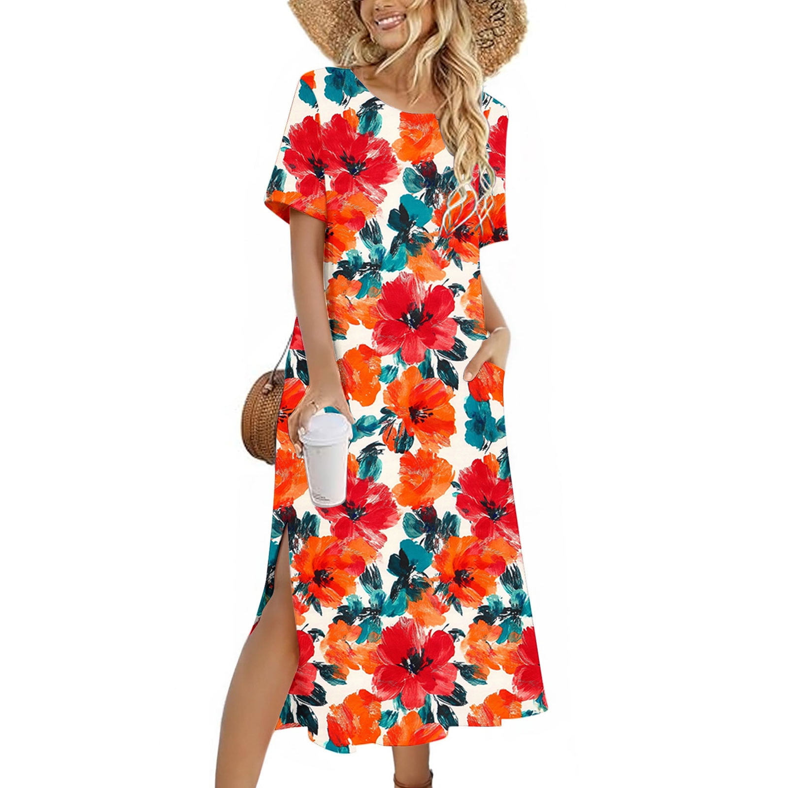 Yrmaups Summer Spring Flowy Smocked Boho Dress Split Floral Print Midi ...