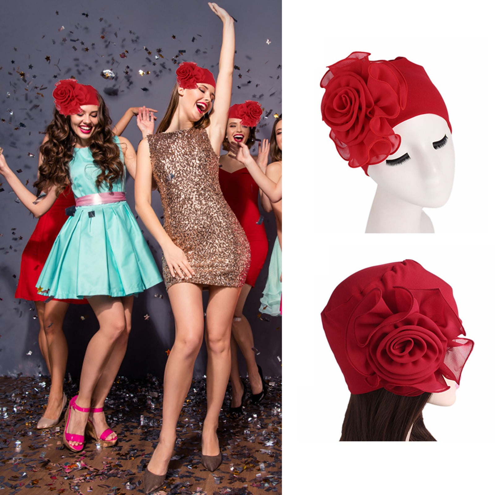 YruYptpaln Big Flower Elastic Turban Hat Party Fashion Dress Ladies Hat ...