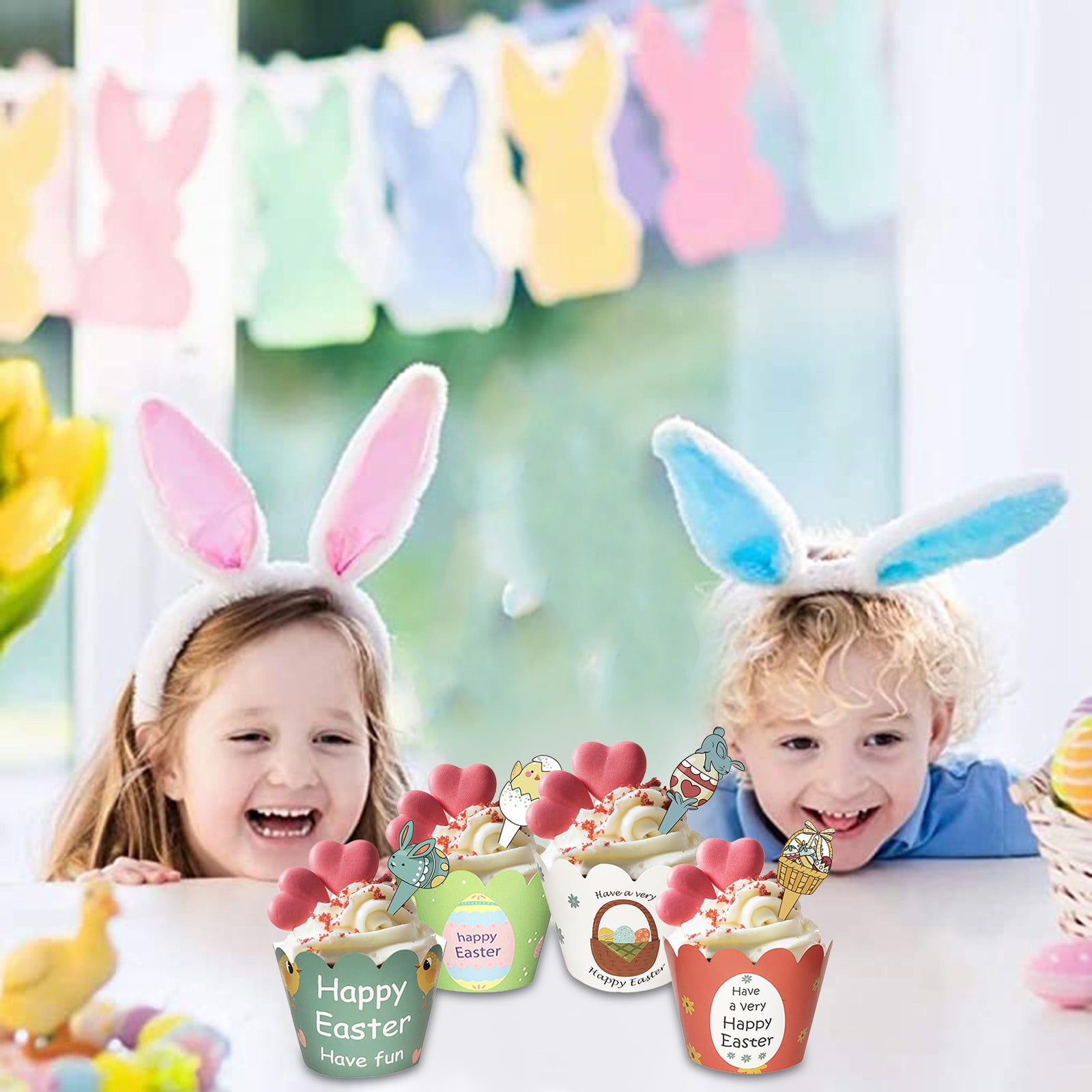 YruYptpaln Easter Cupcake Toppers Liners Decorations Kit Bunny Paper ...