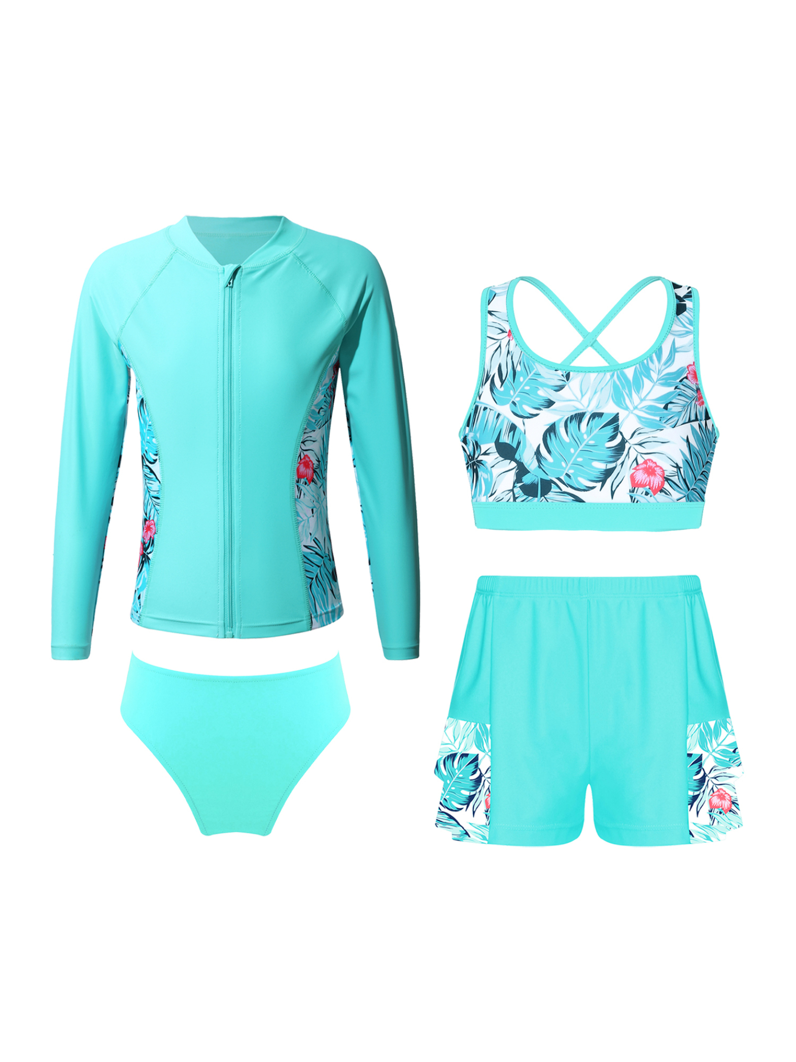 Yruioon Big Girls Upf 50+ Swim Cover Up Sets Long Sleeve Zip Rashguard ...