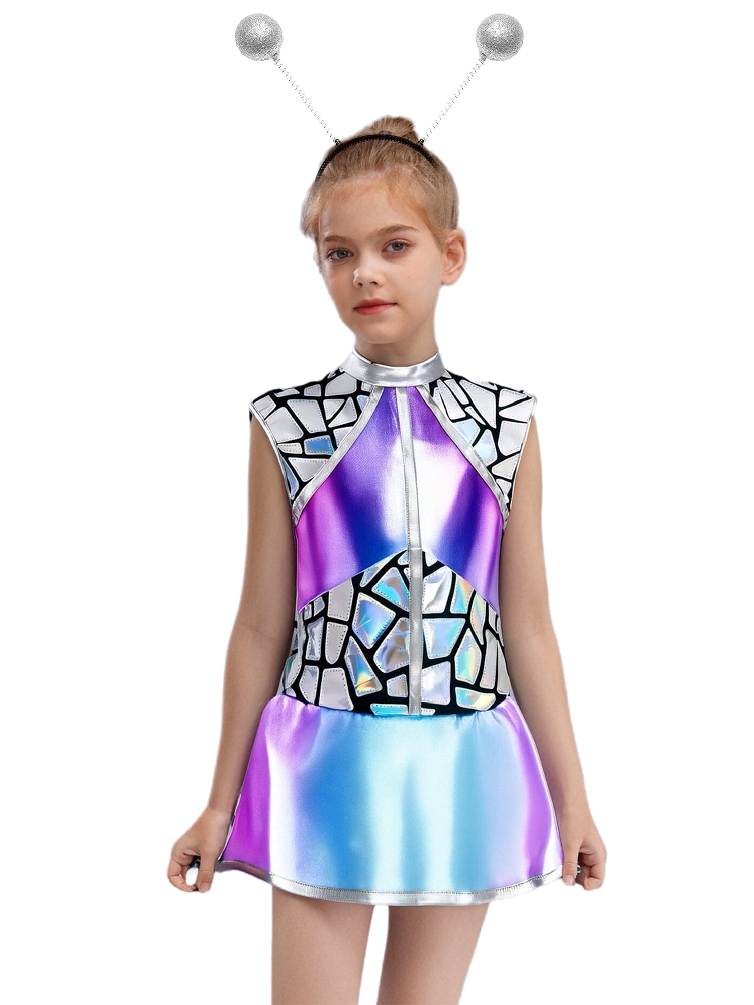 Yruioon Girls Alien Outfit Sequins Metallic Dance Dress with Antennas ...