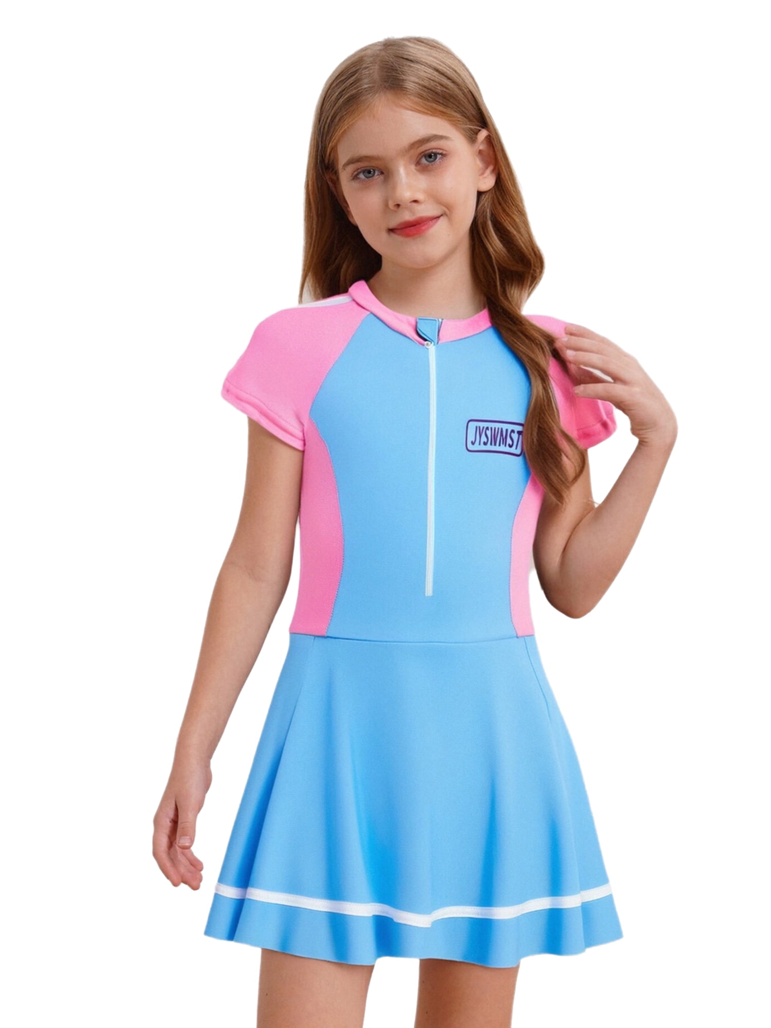 Yruioon Girls Chest Pad Swim Dress Kids One Piece Swimsuit Short Sleeve ...