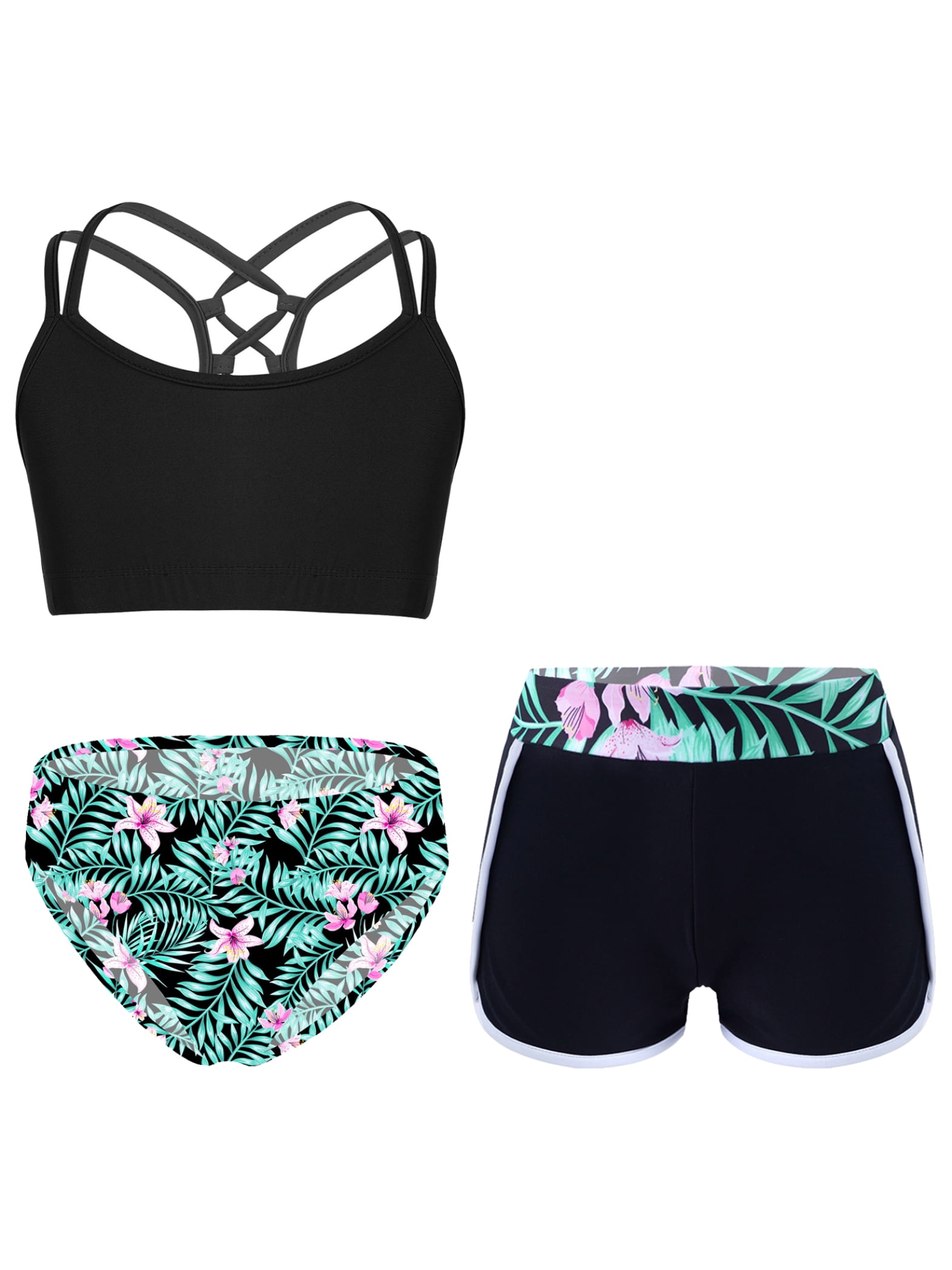 Yruioon Girls Floral 3 Pcs Swimsuits Bikini Bra with Brief Swim Shorts ...