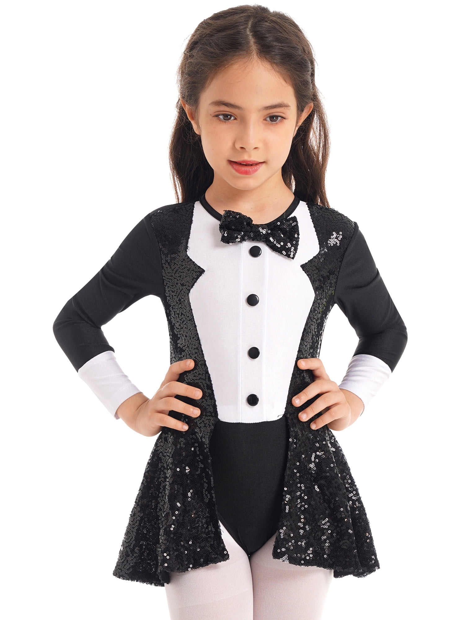Yruioon Girls Modest Jazz Latin Dance Costume Bow Tie Tuxedo Shiny ...