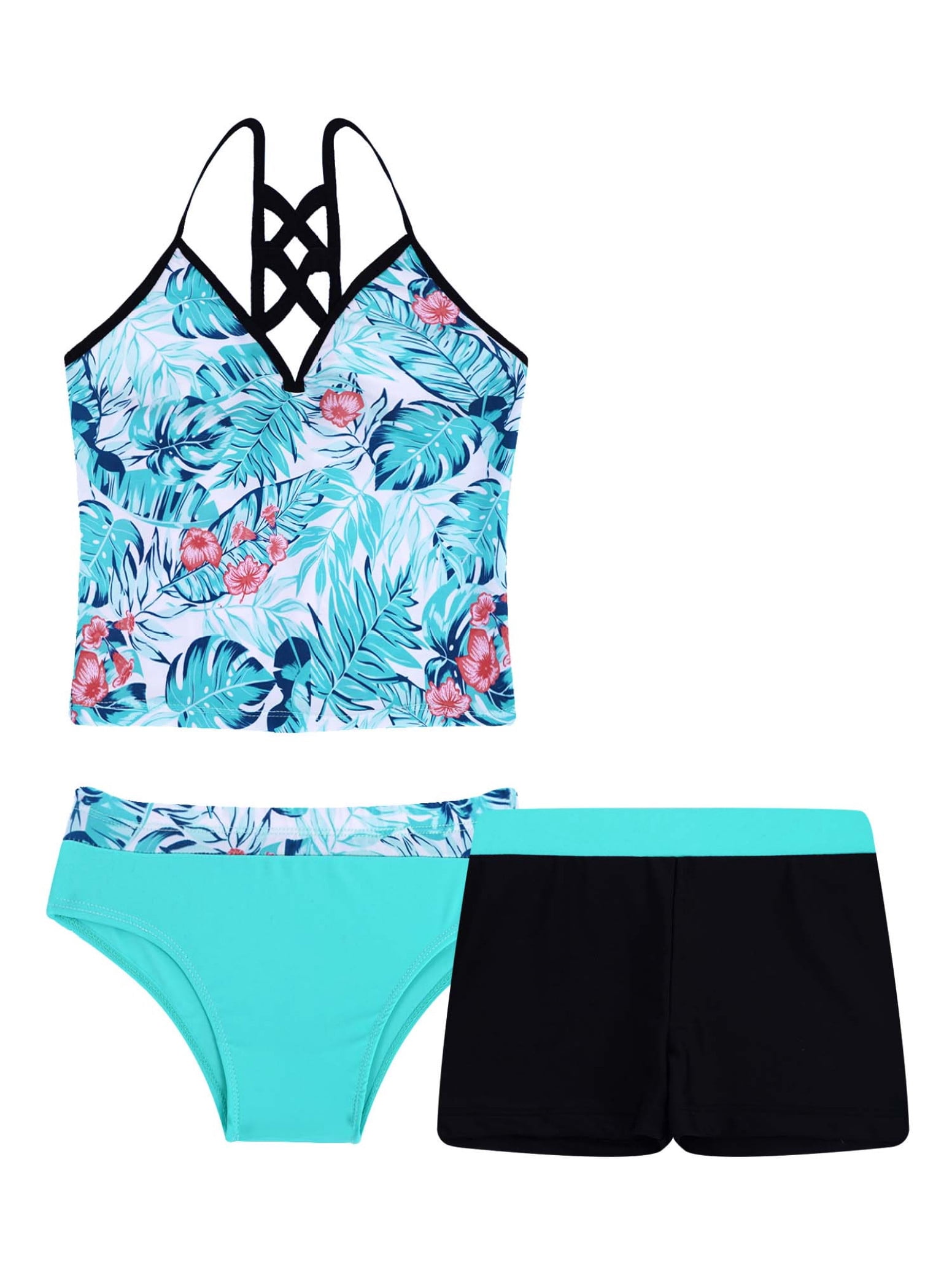 Yruioon Girls Swimsuit 3 Piece Quick Dry Tankini Set with Cover Up ...