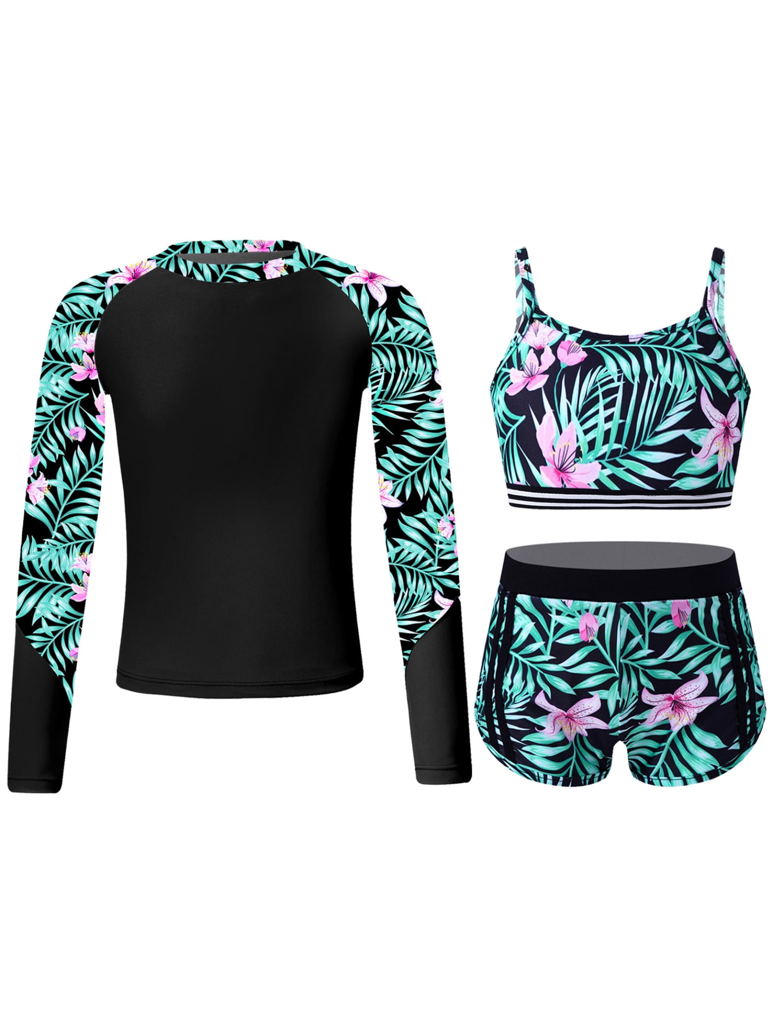 Yruioon Girls Swimsuit Three Piece Rash Guard Set for Big Kids UPF 50 ...