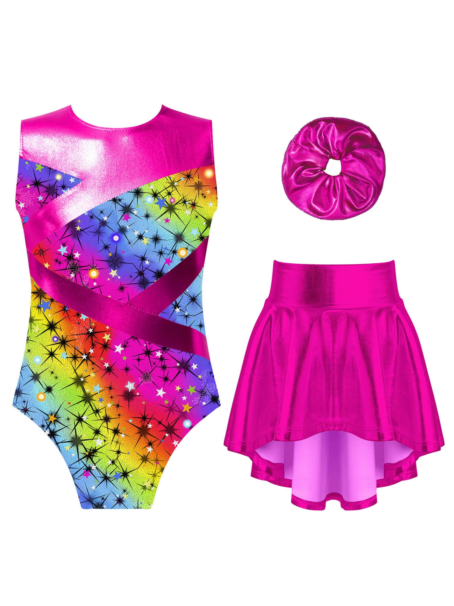 Yruioon Kids Girls One Piece Gymnastics Leotard with Skirt and Hair Tie ...