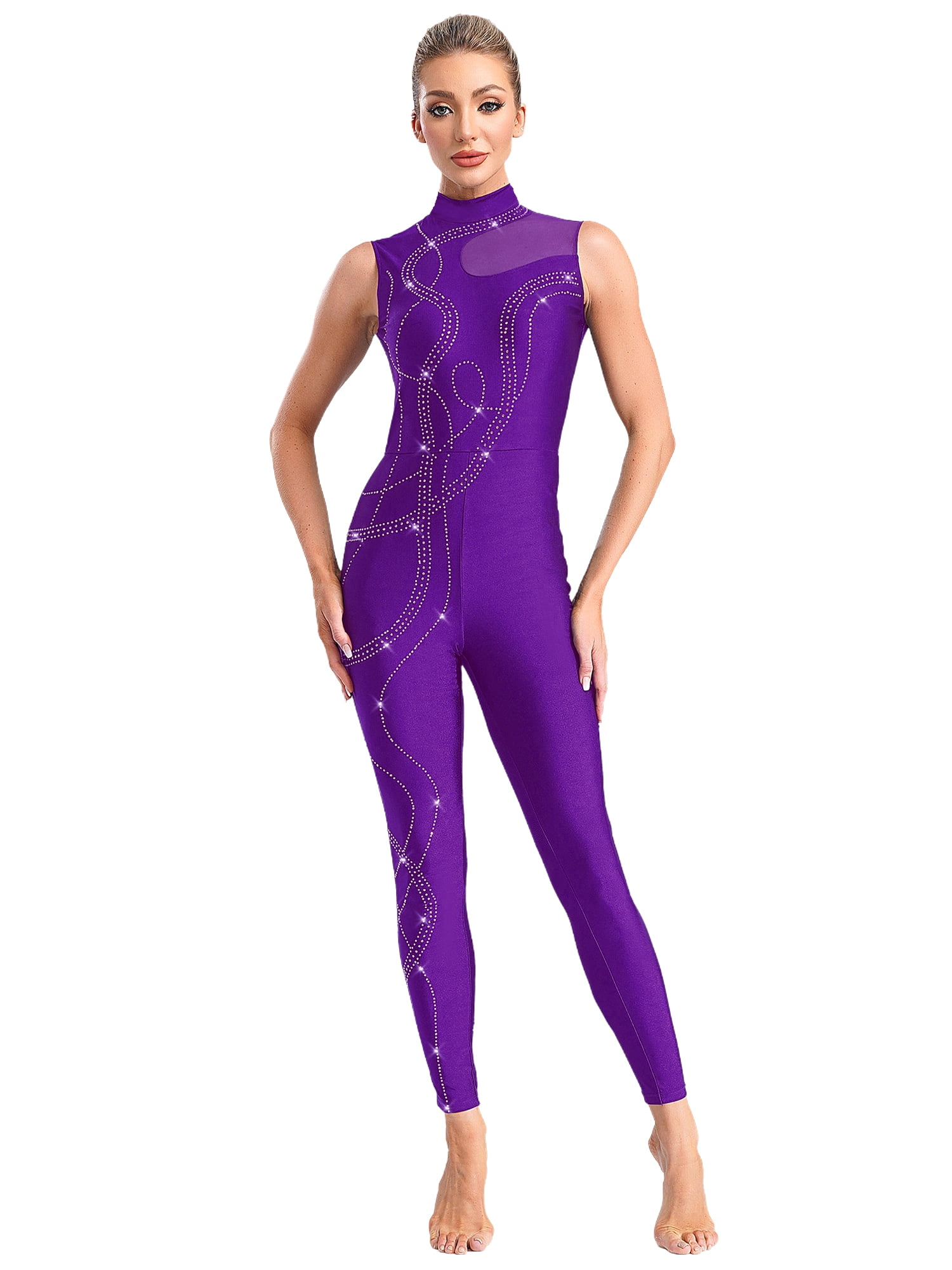 Yruioon Women's One Piece Gymnastics Unitard Shiny Rhinestone Jumpsuit ...