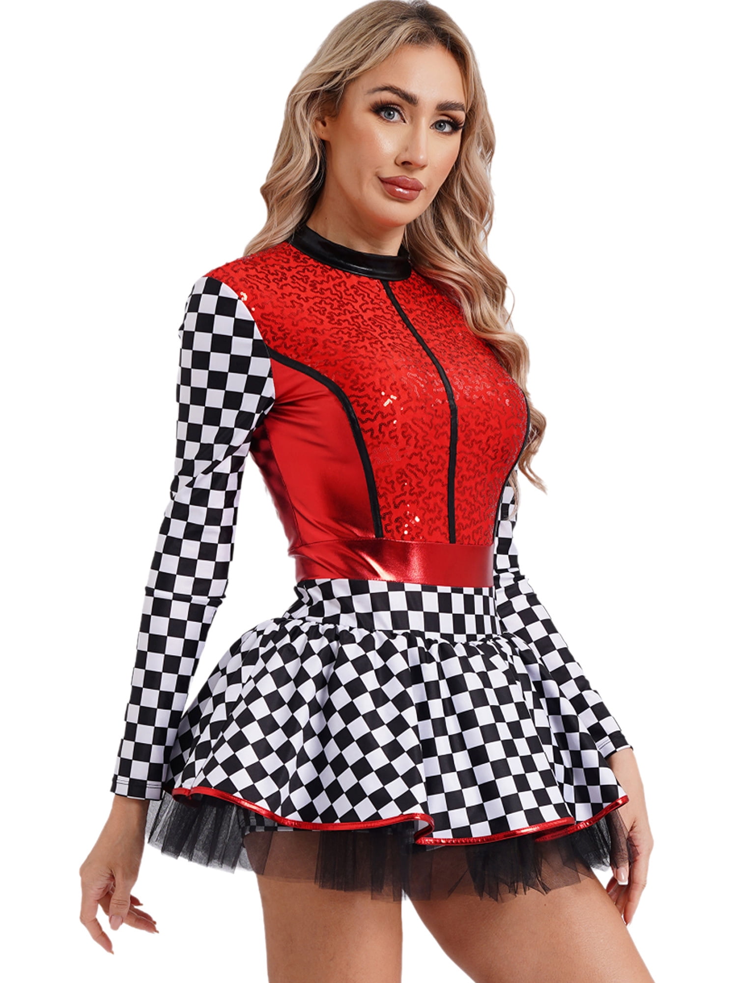 Yruioon Women's Sexy A-line Race Car Driver Dress Long Sleeve Sequins ...