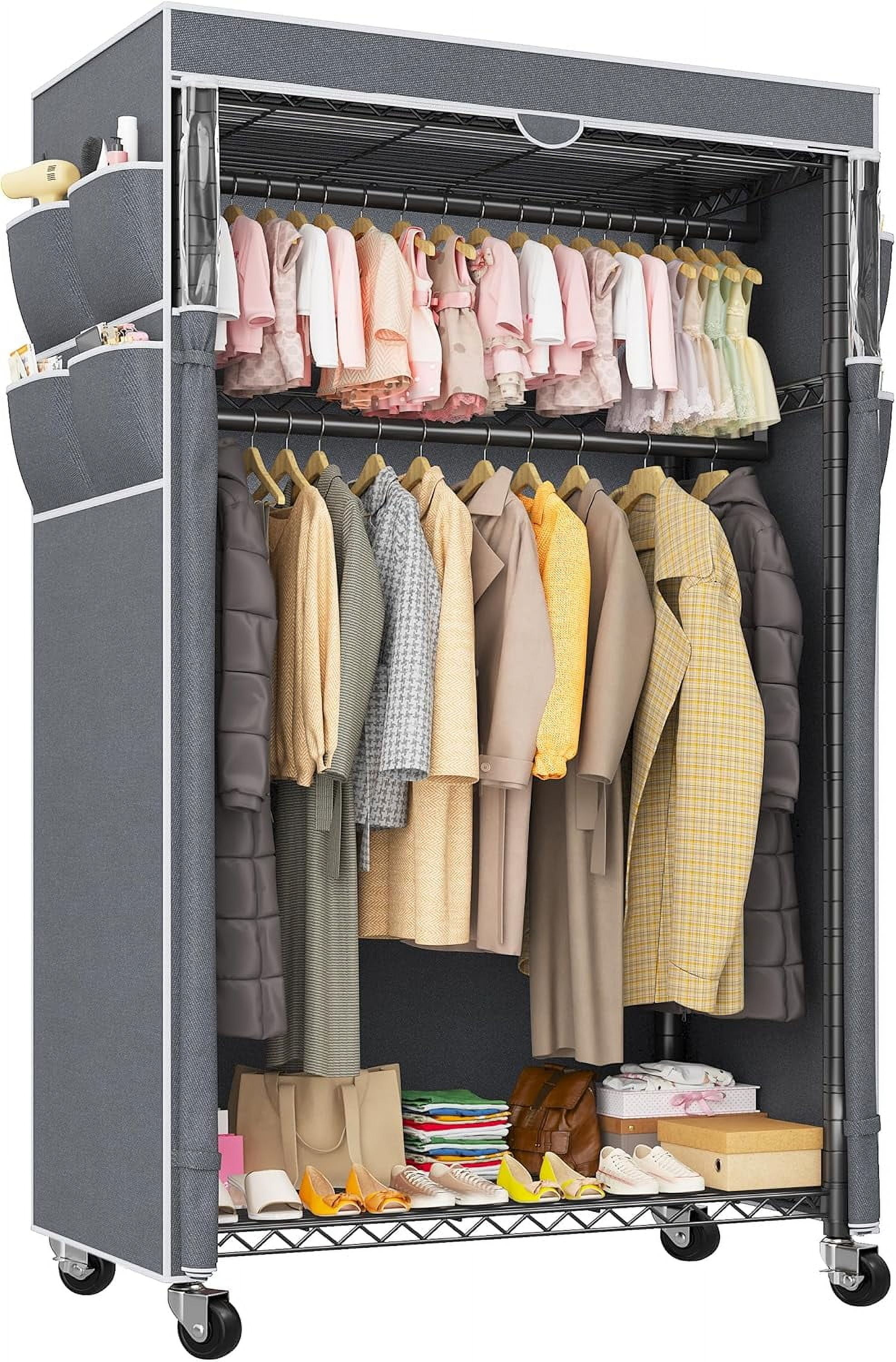 Ysm Clothes Rack with Cover and Wheels,Heavy Duty Clothing Racks for Hanging Clothes Adjustable ...