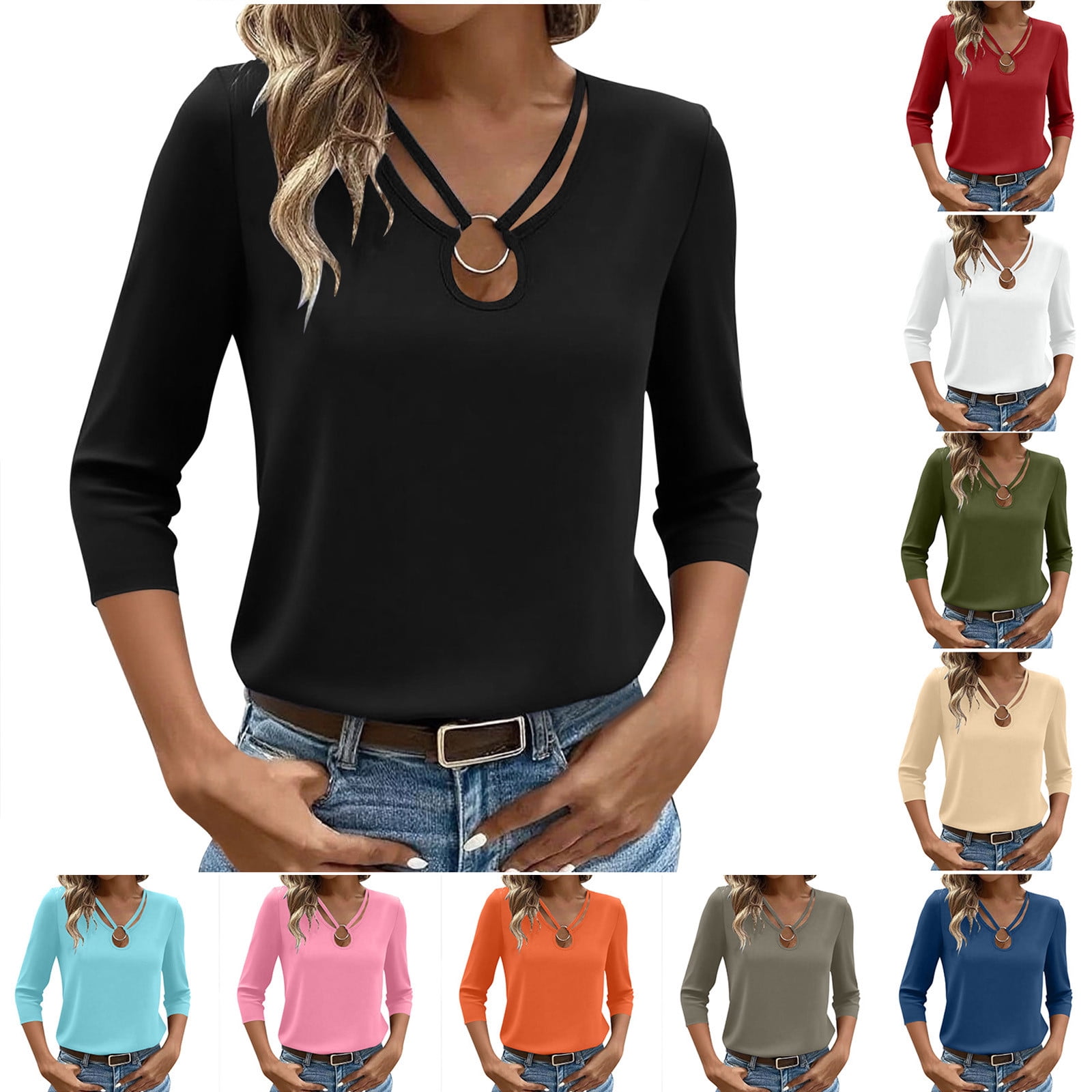 Yteetum 3/4 Sleeve Shirts for Women V-Neck Half Sleeves T-Shirts ...