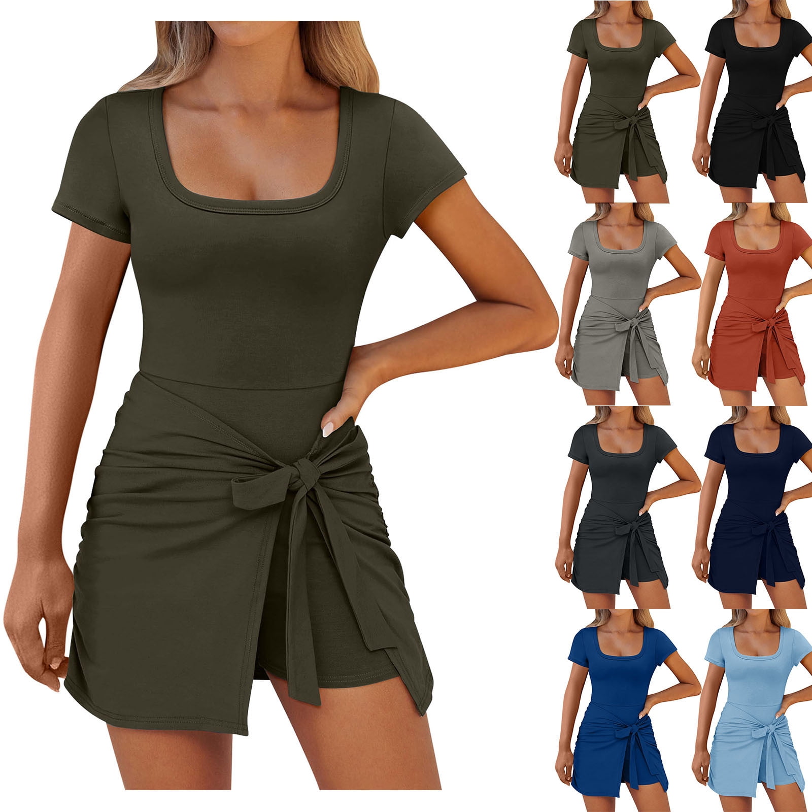 Yteetum Athletic Rompers for Women Short Sleeve Square Neck Bodycon Tie ...
