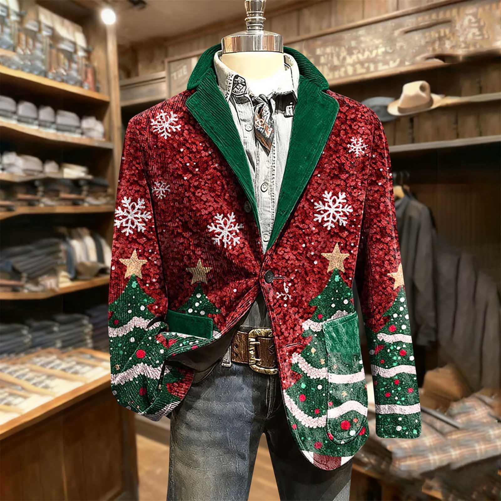 Yteetum Corduroy Blazer for Men Ugly Christmas Single Breasted Suit ...