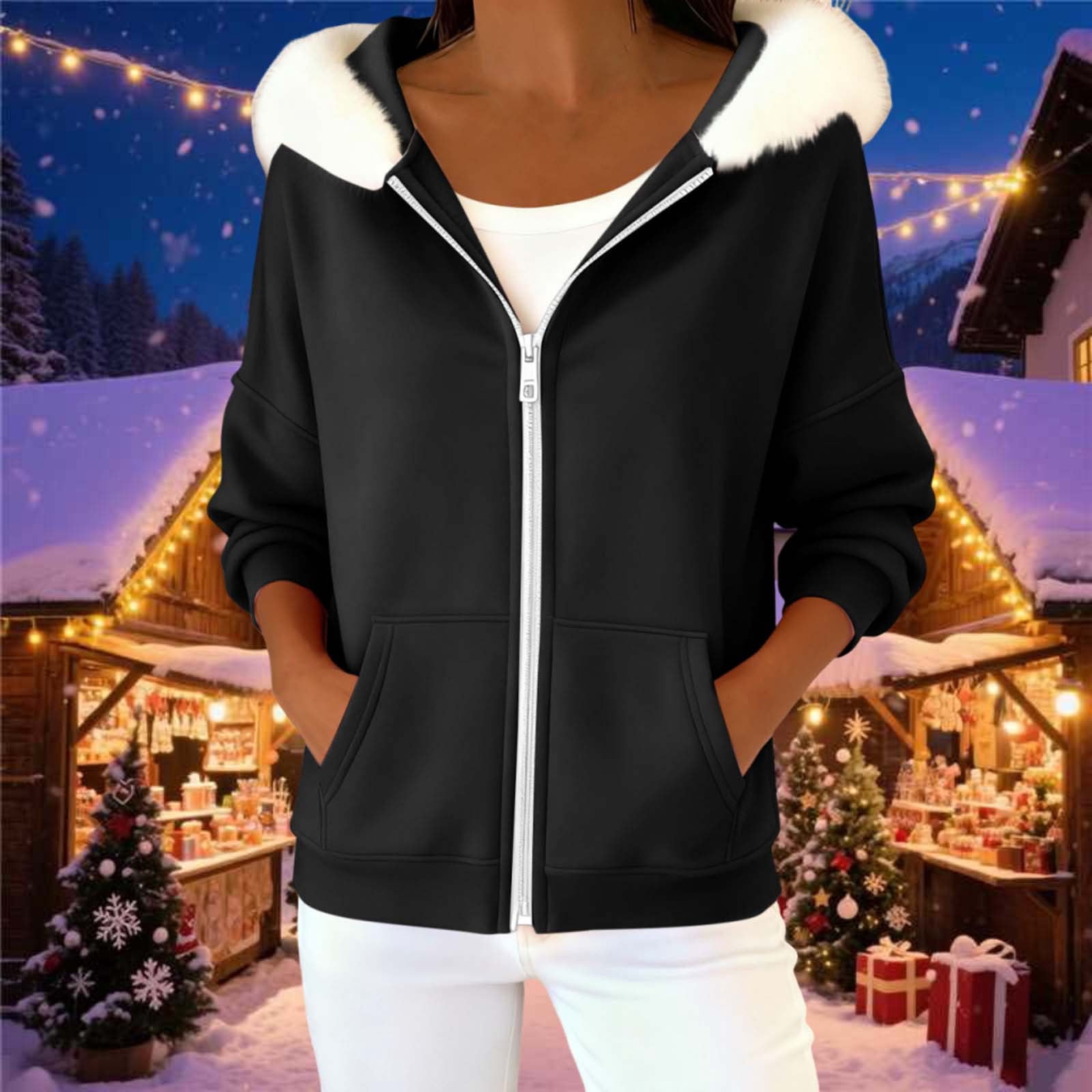Yteetum Faux Fur Trim Hoodies for Women Oversized Fuzzy Fleece Zip Up ...