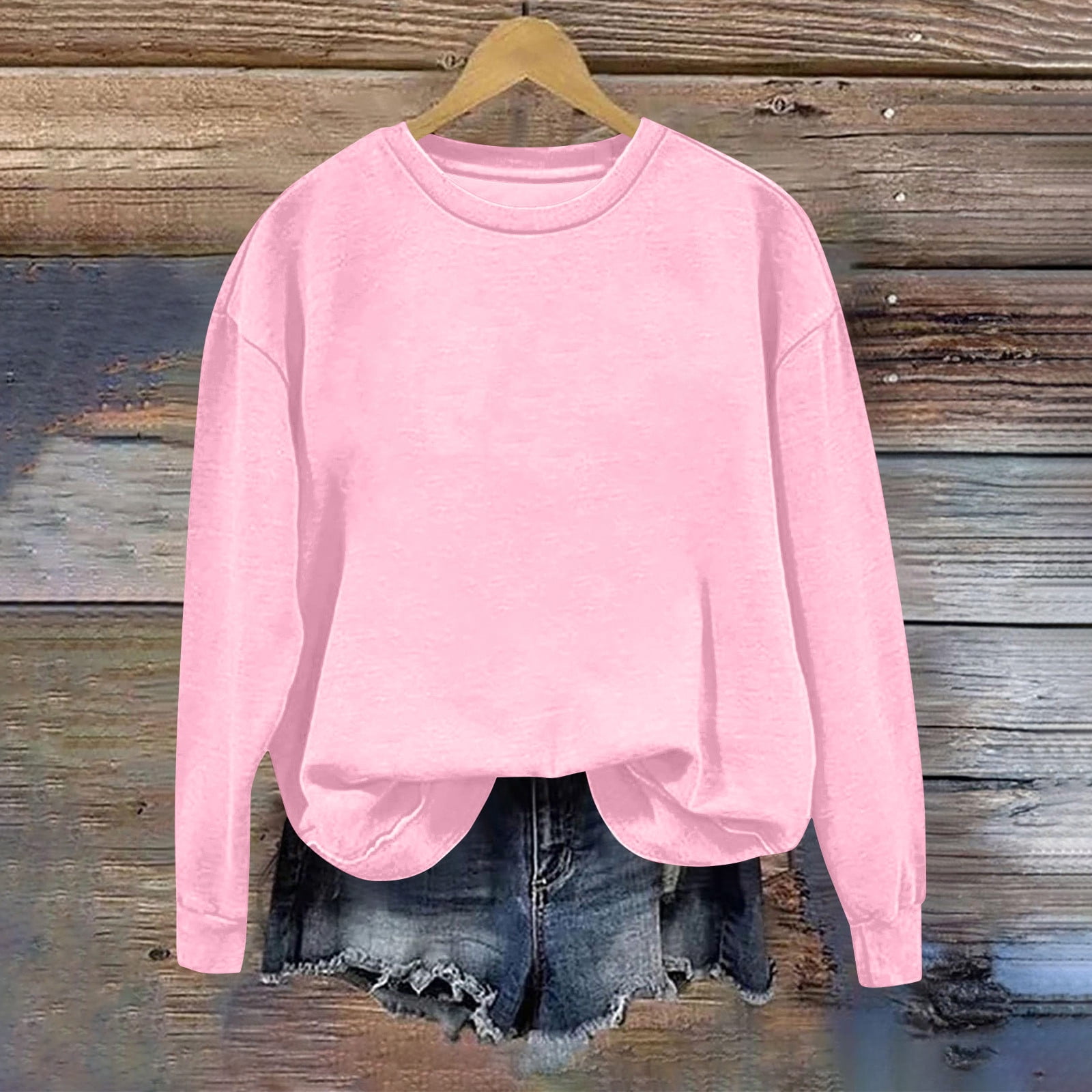 Yteetum Pink Light Weight Sweatshirt for Women Round Neck Solid Color ...