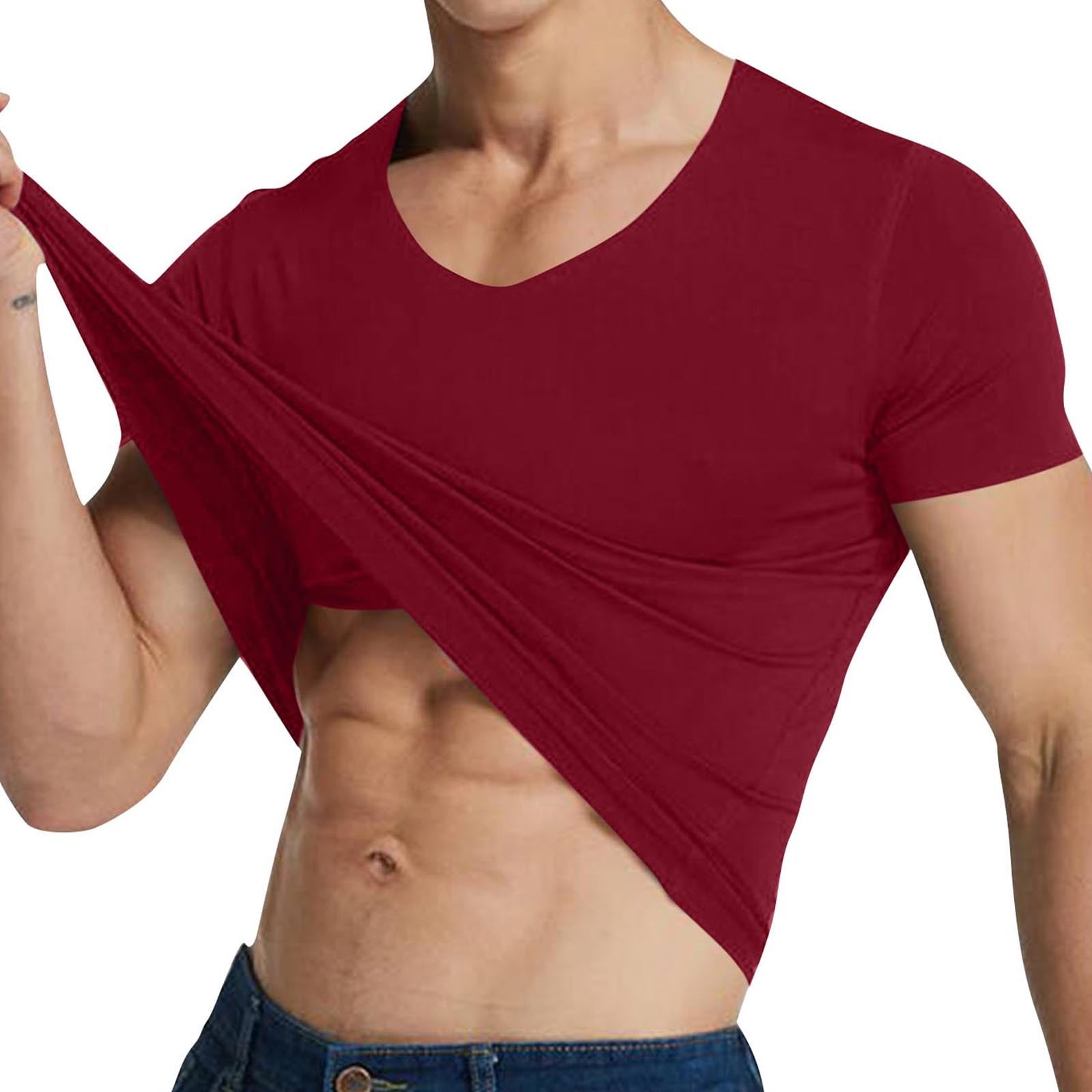 Yteetum Red Shirts for Men Summer Solid Color V-Neck Pullover T-Shirt ...