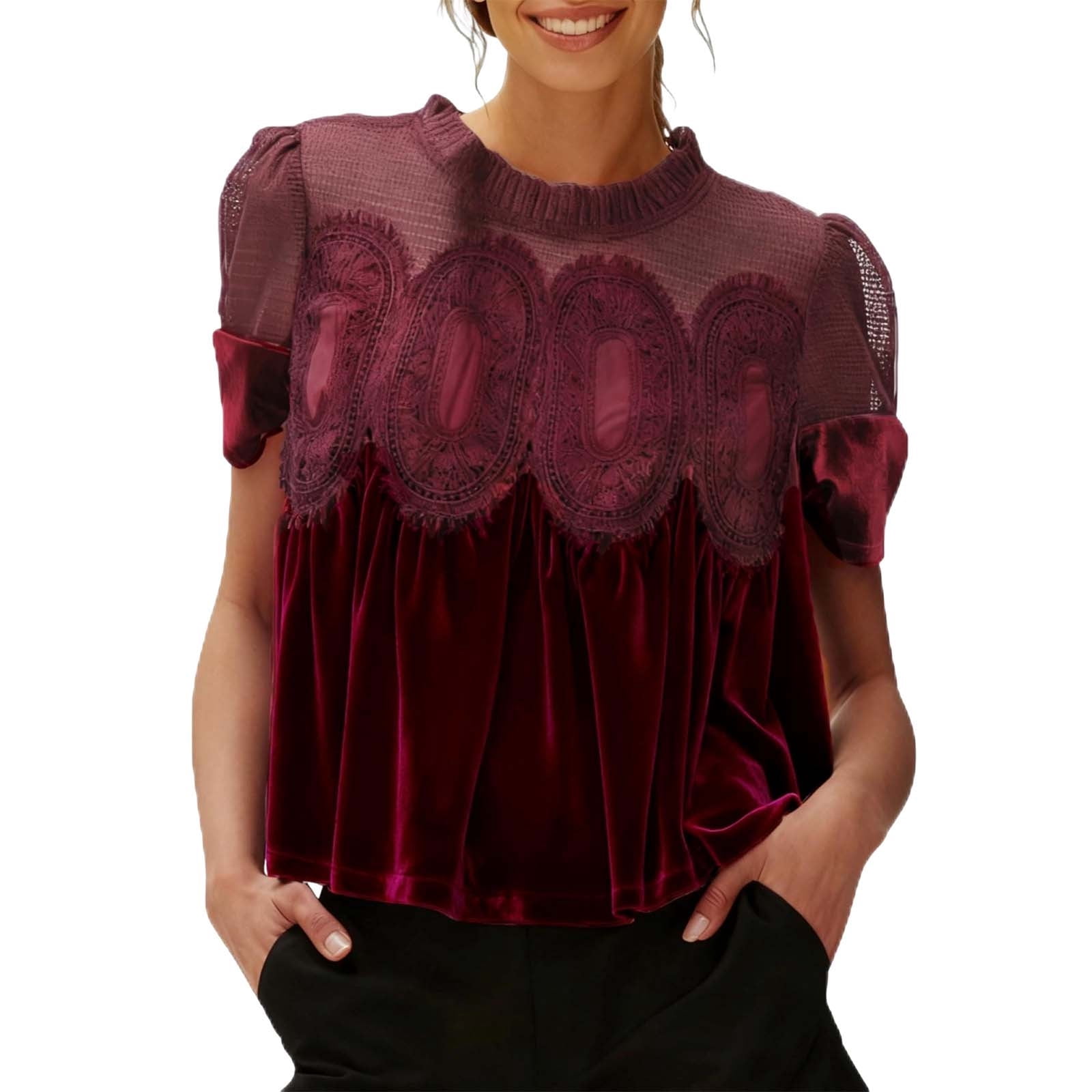 Yteetum Velvet Blouse for Women Oversized Crewneck Flared Swing ...