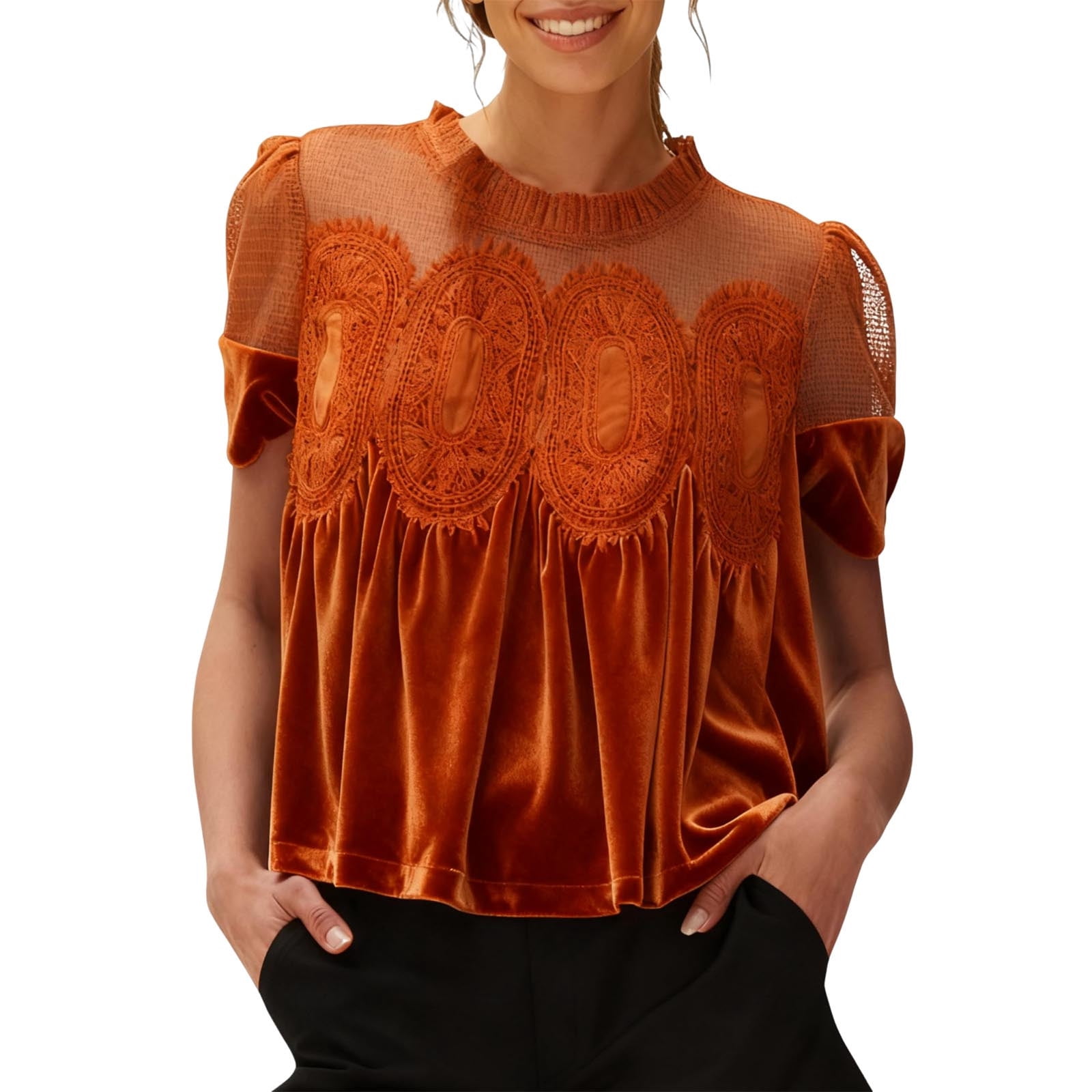 Yteetum Velvet Blouse for Women Oversized Crewneck Flared Swing ...