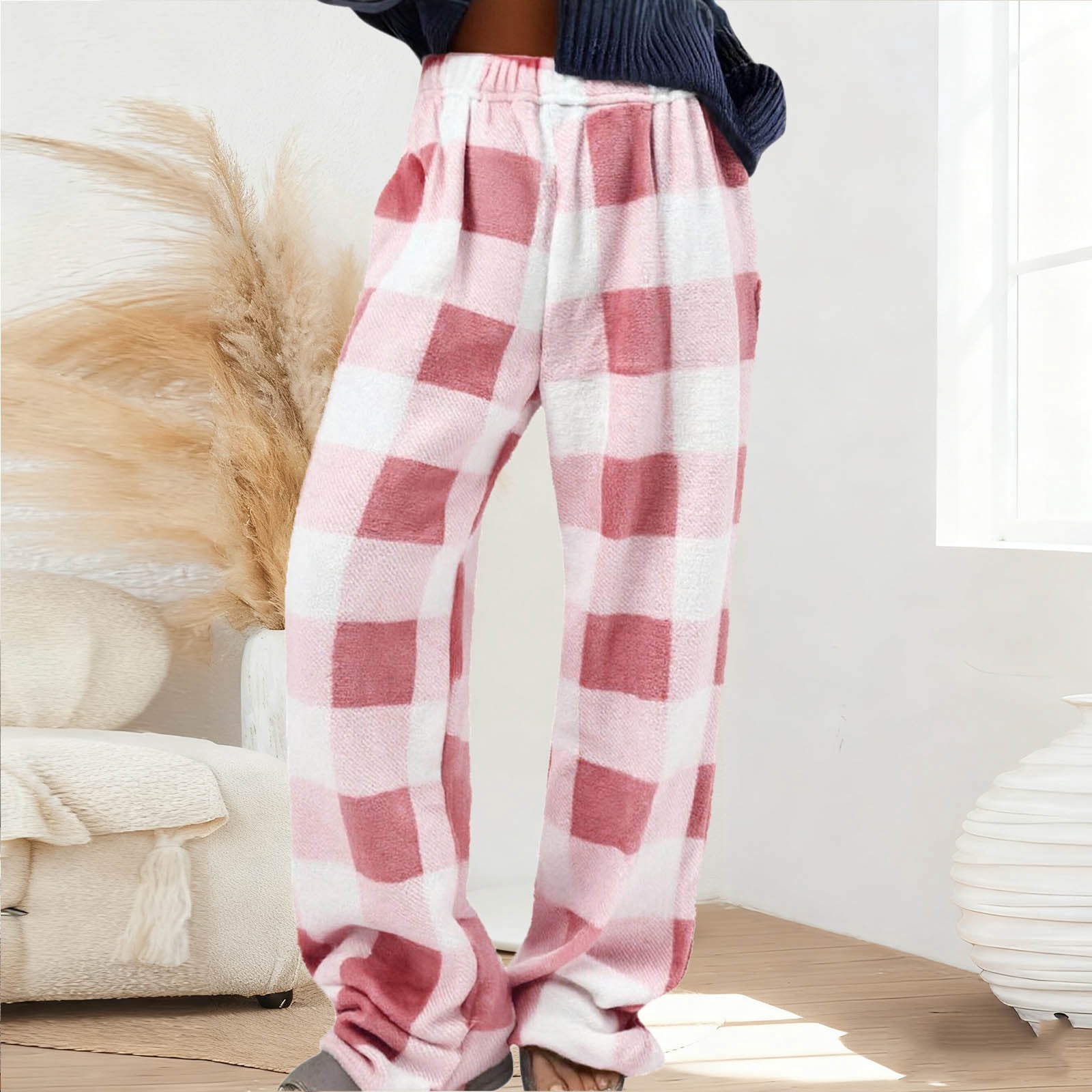 Yteetum Womens Flannel Pajama Pants Oversized Elastic Waist Plaid