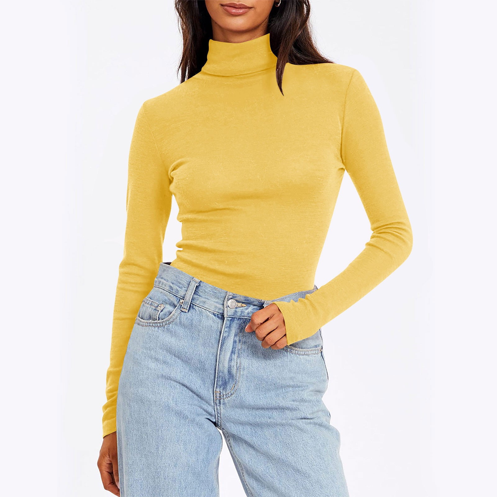 Yteetum Women's Mock Neck Long Sleeve Tops Oversized Turtleneck Slim ...