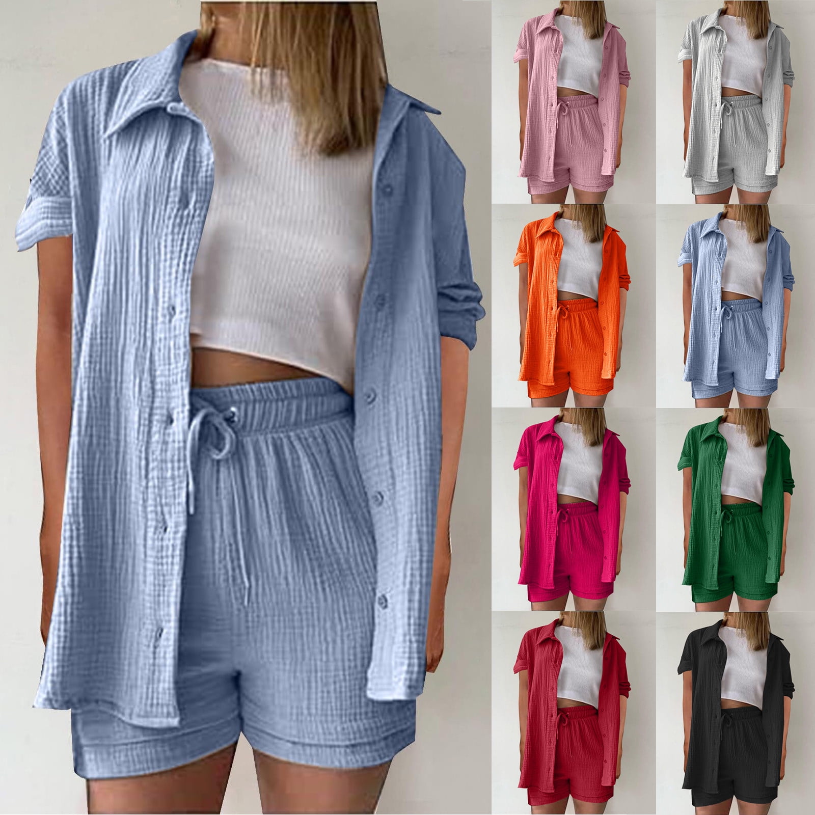 Yteetum Women's Summer Two Piece Short Sets Lapel Short Sleeve Shirts and High Waist Drawstring ...